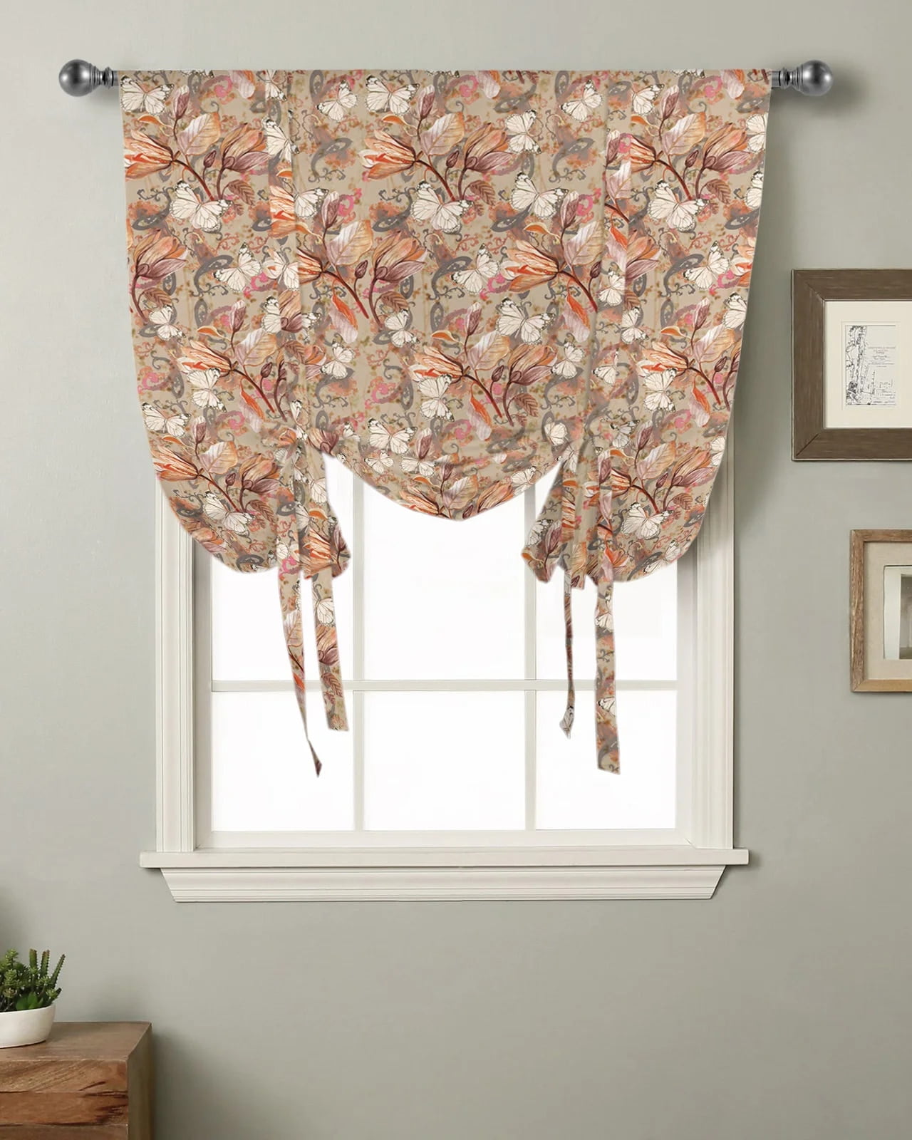 Antique Flower Leaf Butterfly Kitchen Short Window Curtain Rod Pocket ...