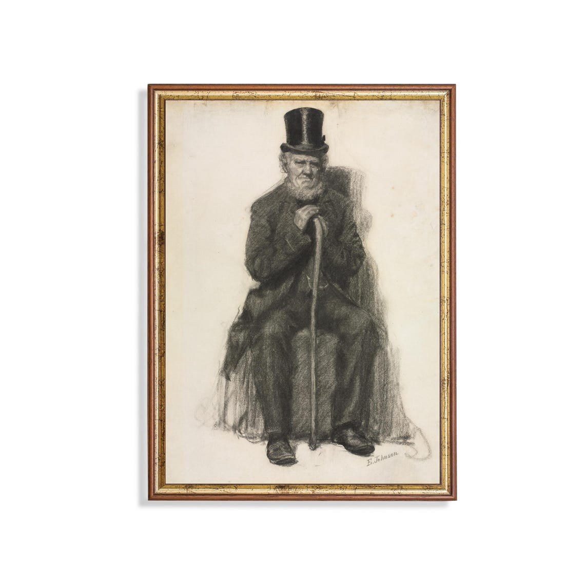 Antique Gentleman Charcoal Portrait With Top Hat - 19Th Century Art ...