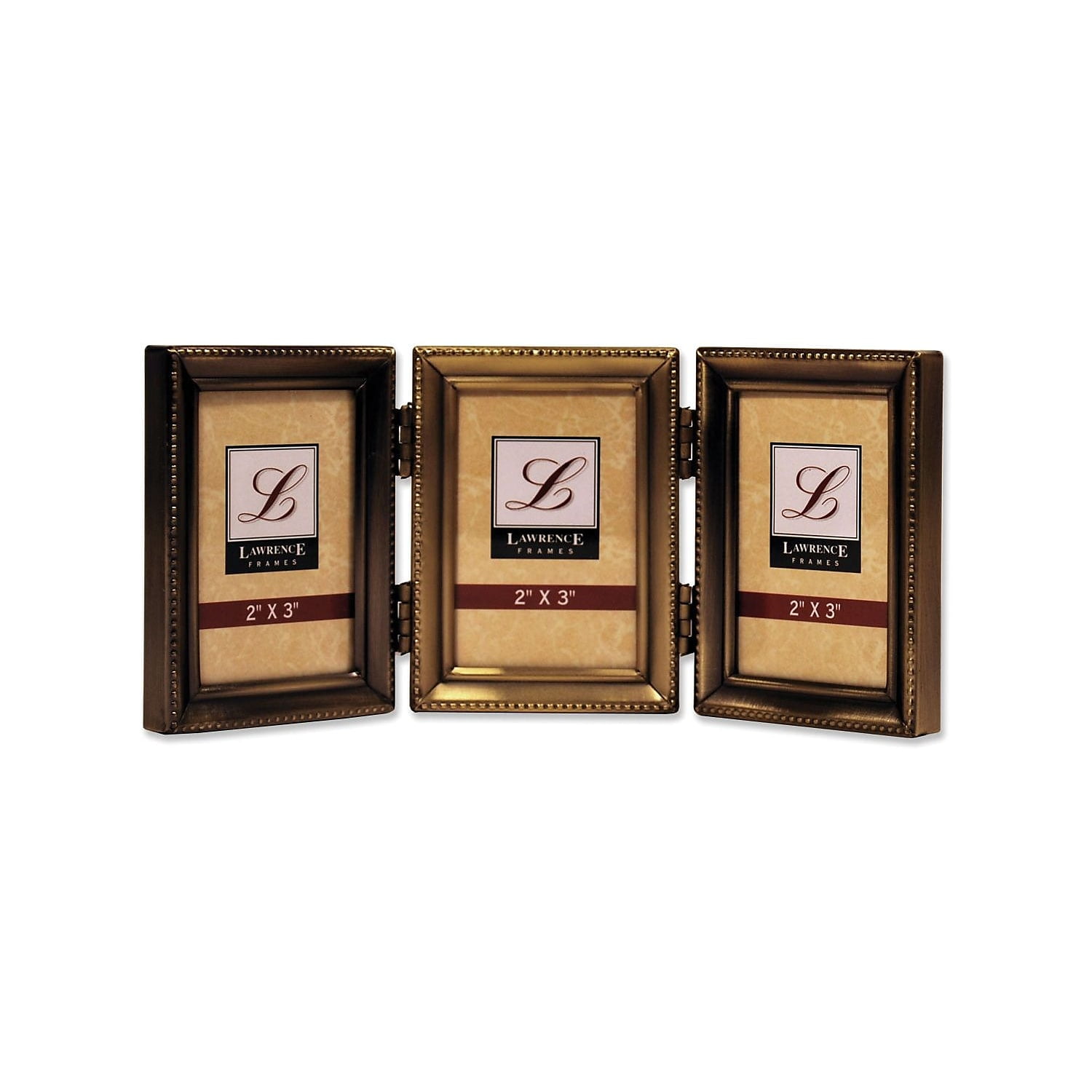 Antique Gold Brass Hinged Triple 2x3 Picture Frame - Beaded Edge Design ...