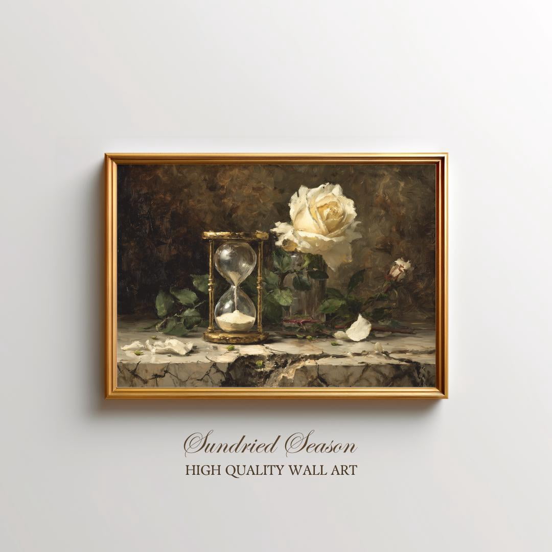 Antique Gold Hourglass & Cream Rose Still Life Poster, Romantic ...
