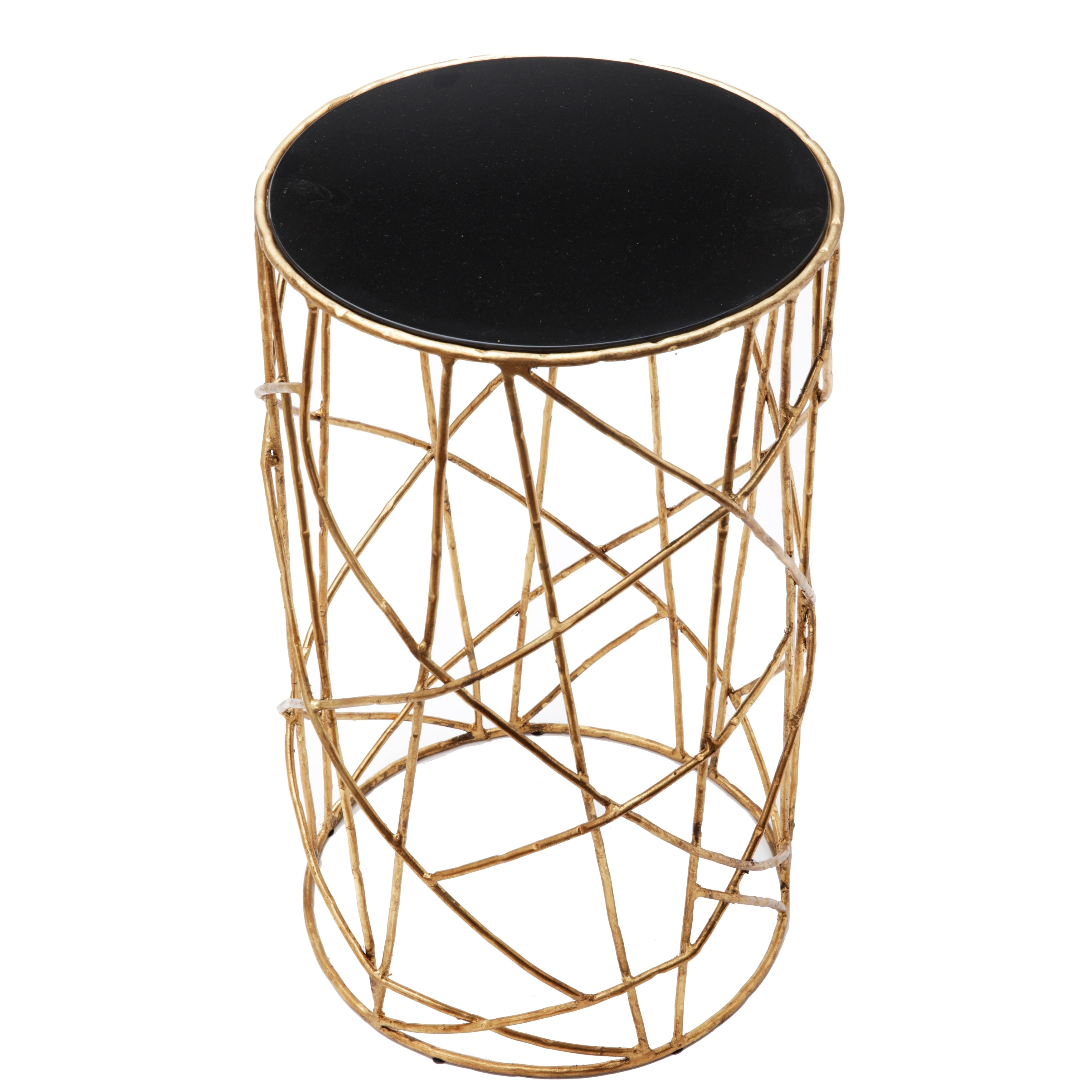 Antique Gold Twig Accent Table with Black Glass Top - 14x14x24 ...