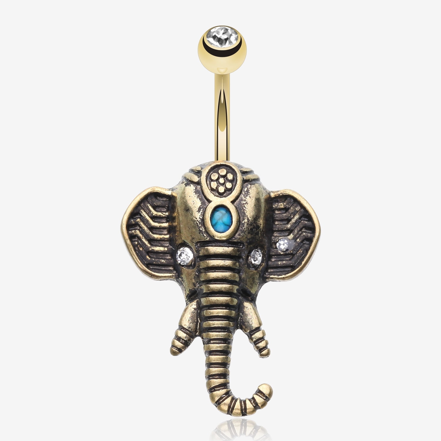 Antique Golden Ganesha Elephant Turquoise Belly Button Ring-Clear Gem ...