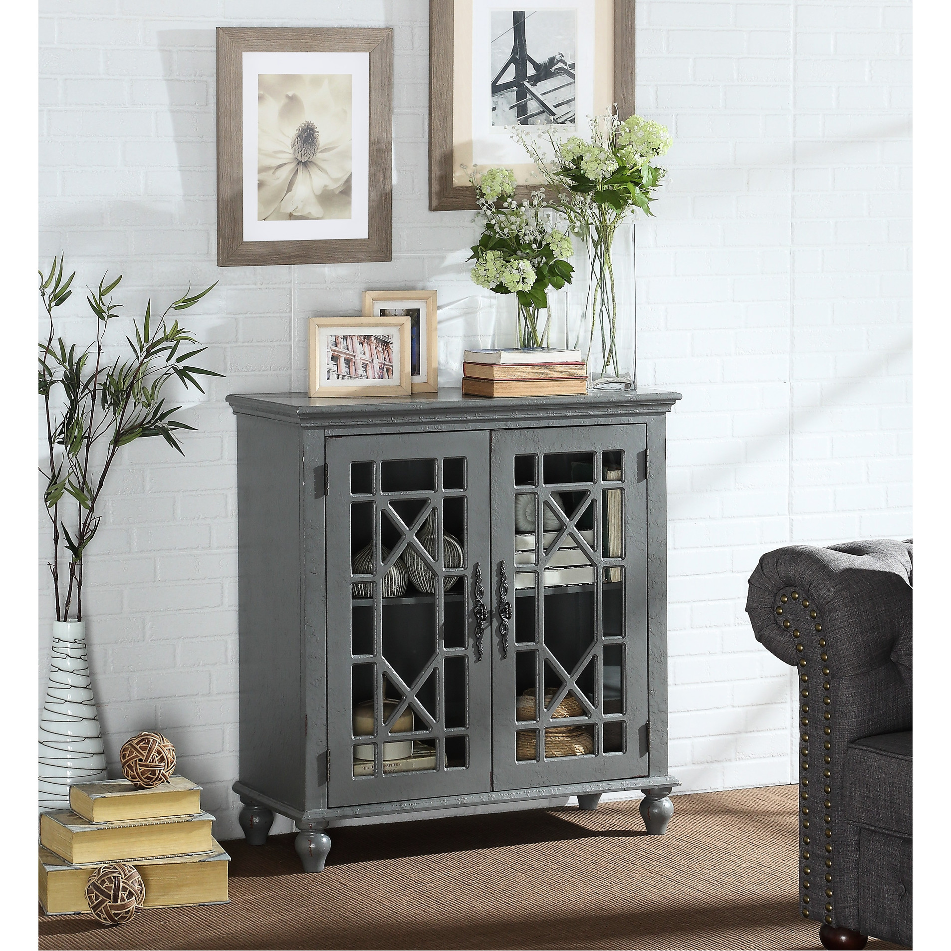 Antique Gray Accent Storage Chest With Glass Inlay Doors And Durability ...
