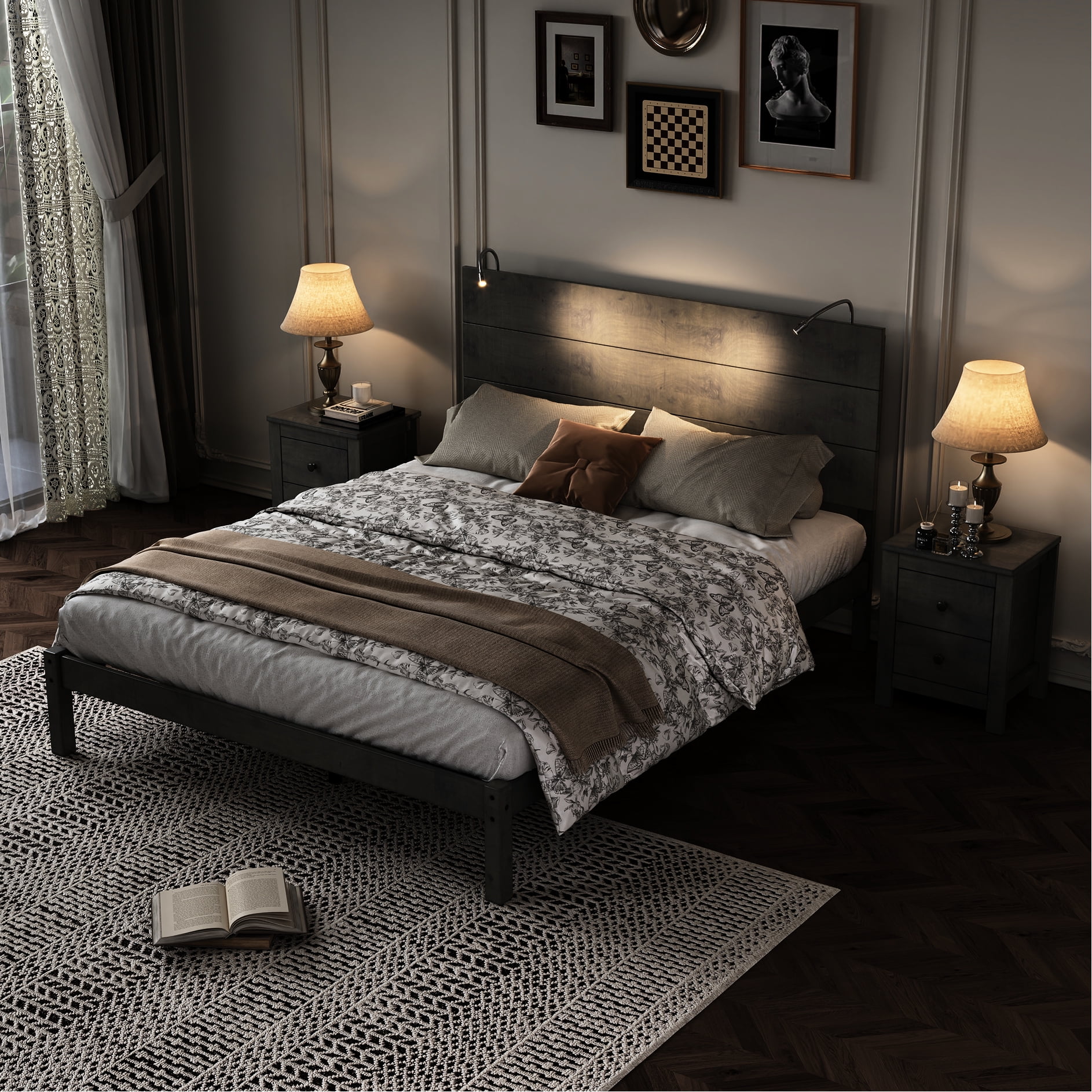 Antique Gray Bedroom For Full Platform Bed With 2 Lights & 2 Nightstand ...