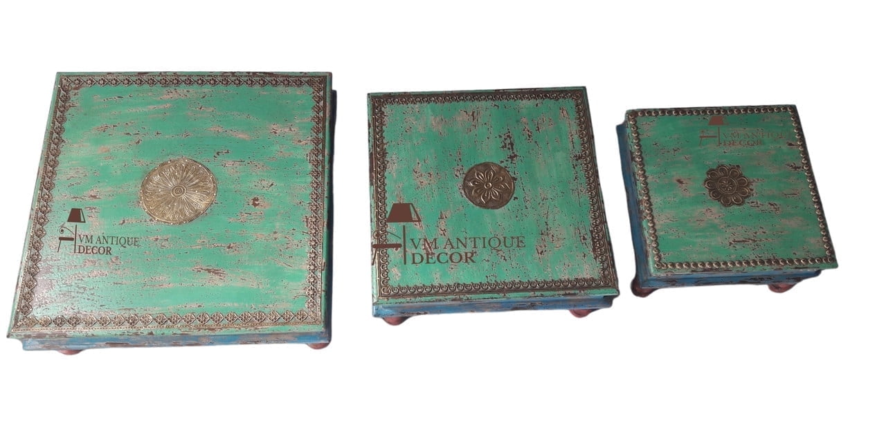 Antique Green Wooden Pooja Chowki Set with Brass Embellishments ...