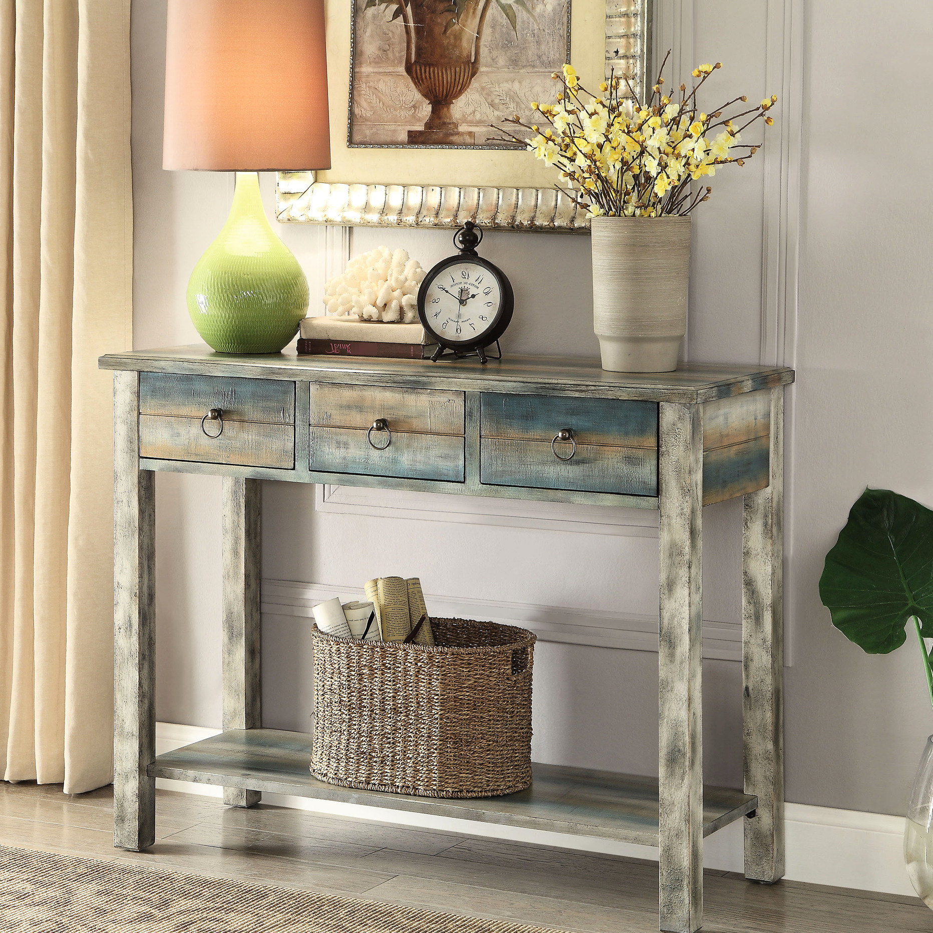 Antique Grey and Teal Vintage Console Table with Drawers and Shelf for ...