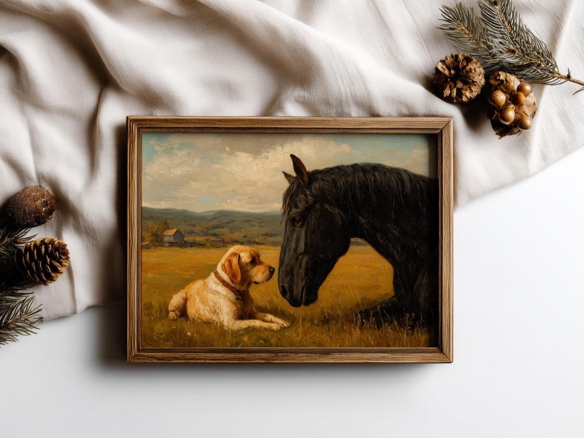 Antique Horse And Dog Rustic Wall Art, Unframed Canvas Size 24x36 ...