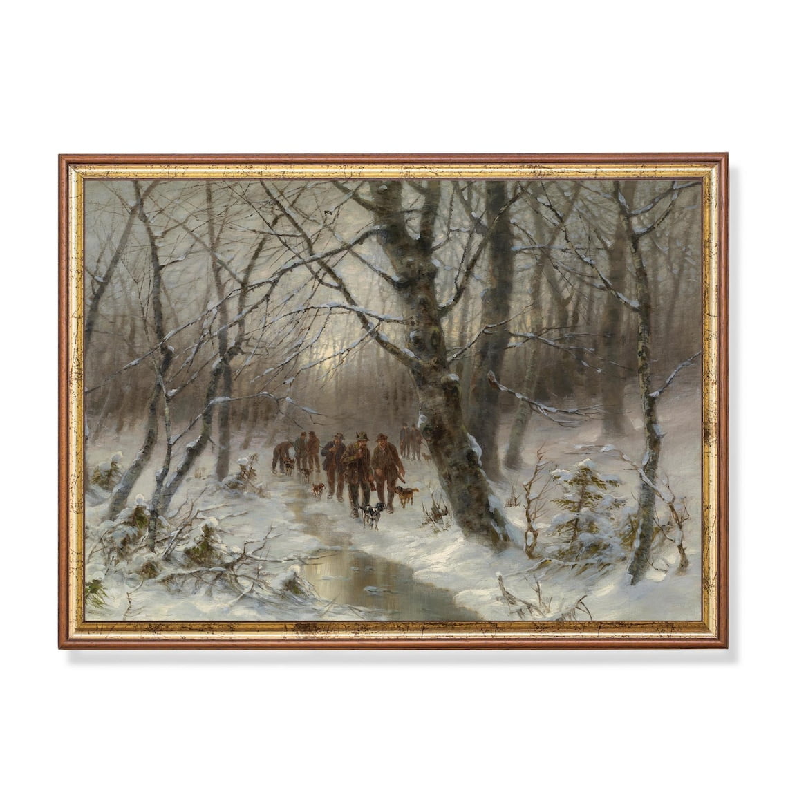 Antique Hunting Scene Poster Snowy Winter Forest, Vintage Lodge Decor ...