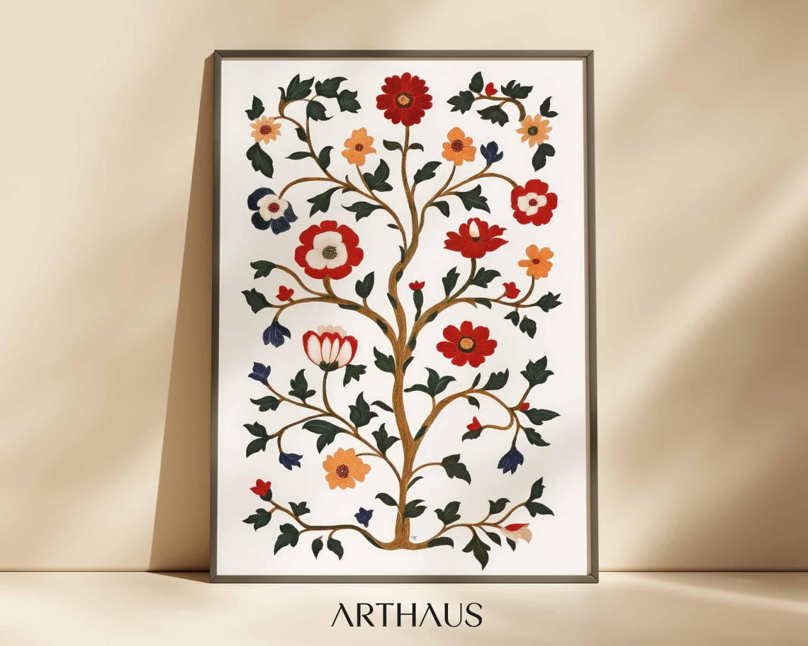 Antique Indian Folk Floral Living Room Decor Botanical Indian Art Print ...