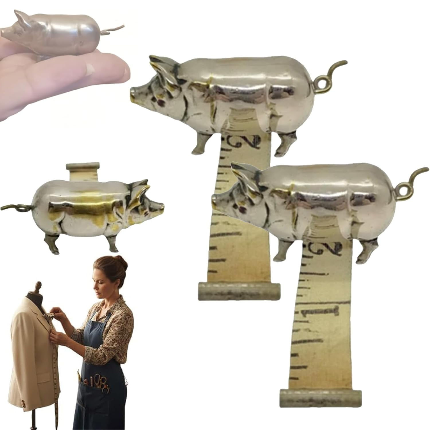 Antique Inspired Pig Mini Tape Measure, Retractable Vintage Metal Soft ...