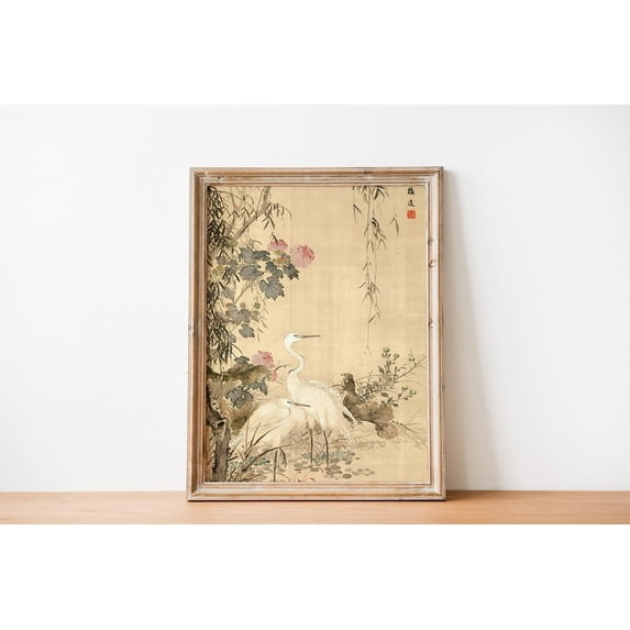 Antique Japanese Botanical Art, Egrets, Peonies, & Willows Painting ...