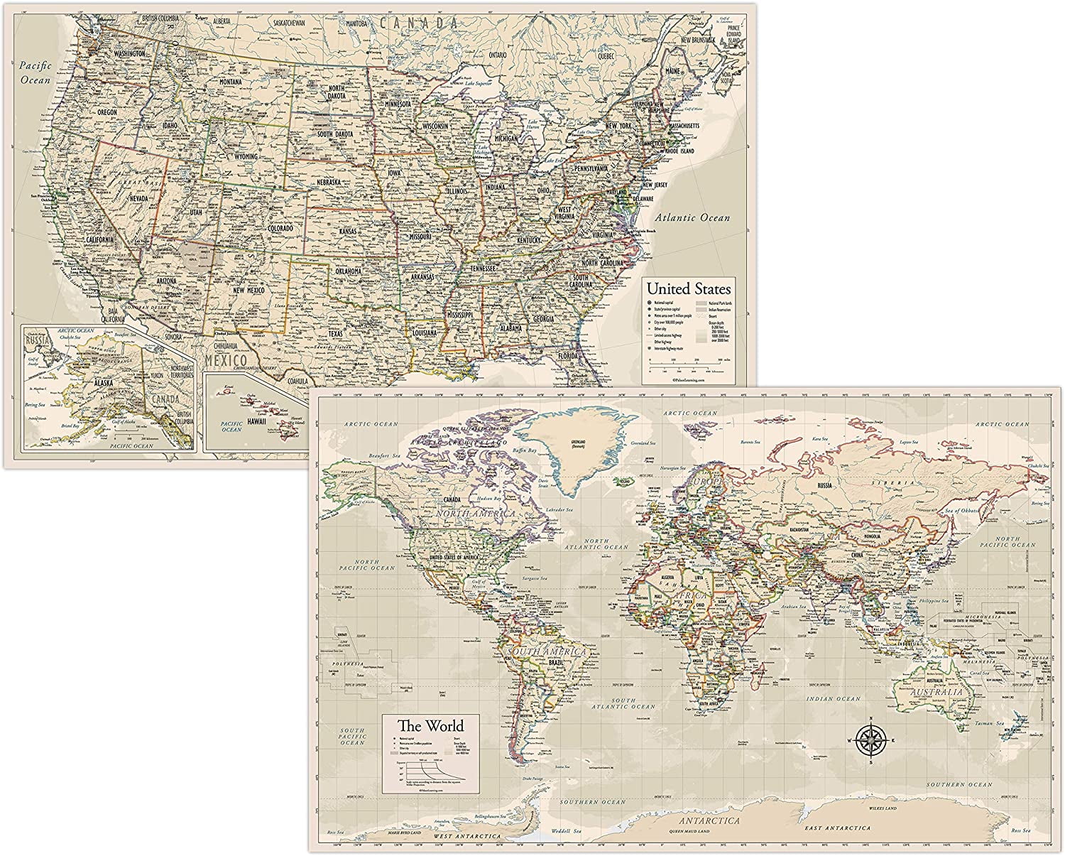 Antique Laminated World Map & US Map Poster Set - 18" x 29" - Wall Chart Maps of the World ...