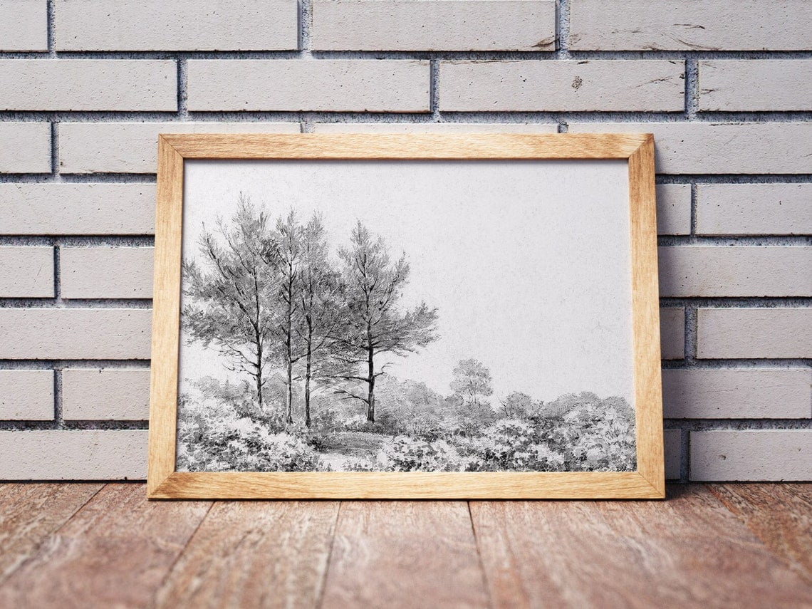 Antique Landscape Sketch, Neutral Farmhouse Print, Country Scene Art ...