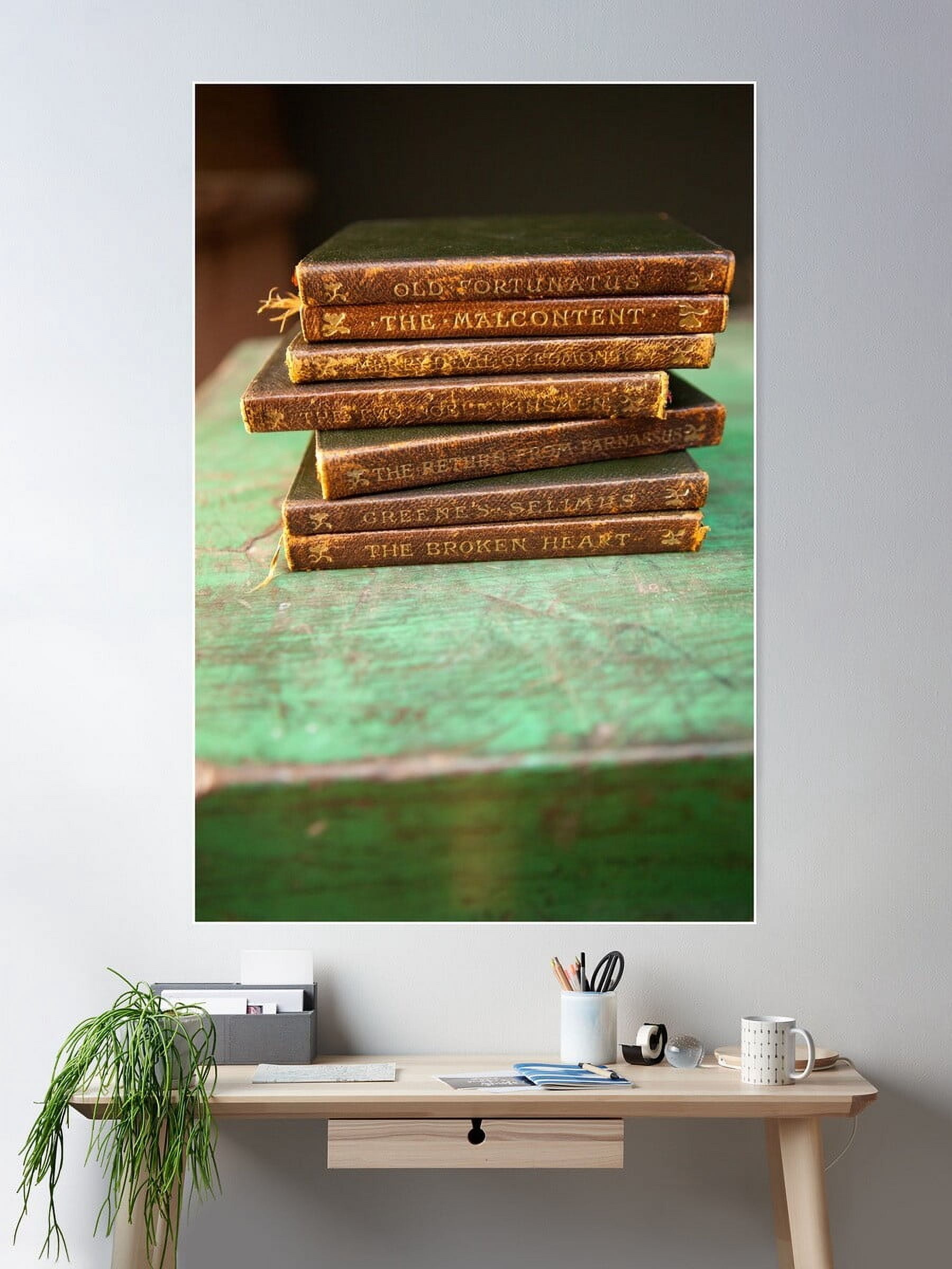 Antique Leather Books On Vintage Green Table Poster Wall Art, Modern ...