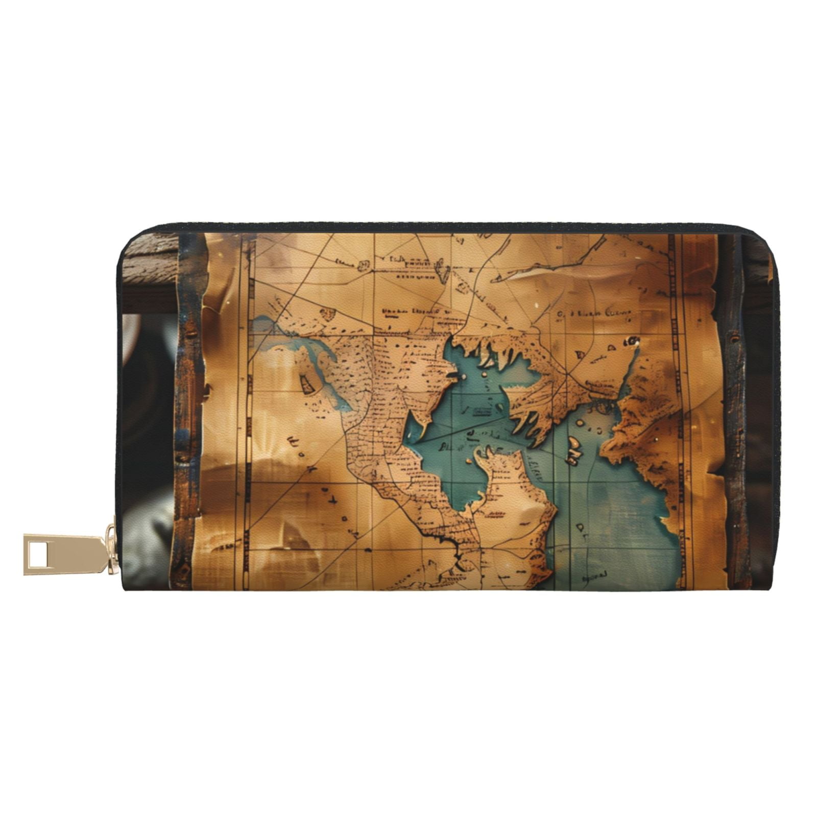 Antique Map Adventure Scene Wallet Women, Leather Bifold Multi Card ...