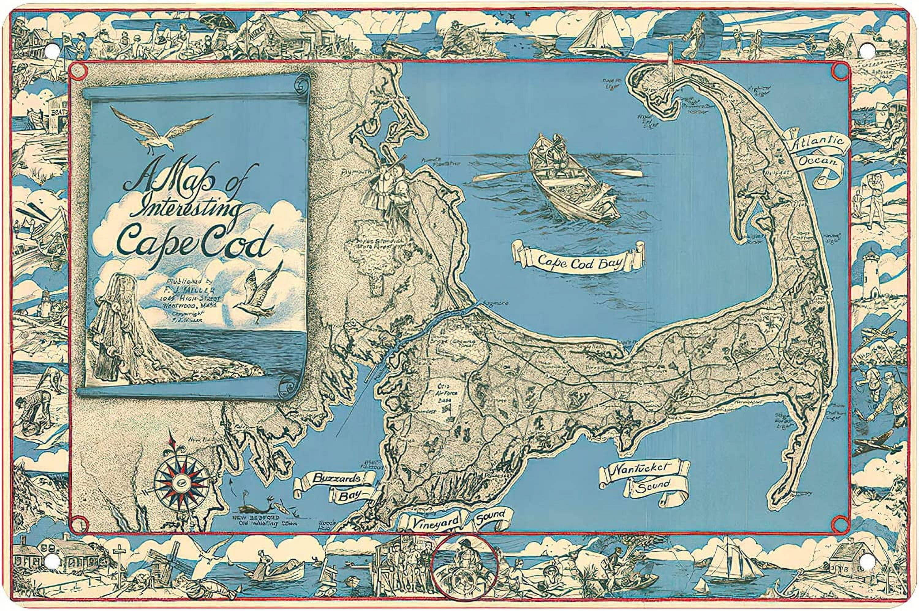 Antique Map Of Cape Cod Massachusetts 1945 Home Wall Bars Decor Kitchen ...