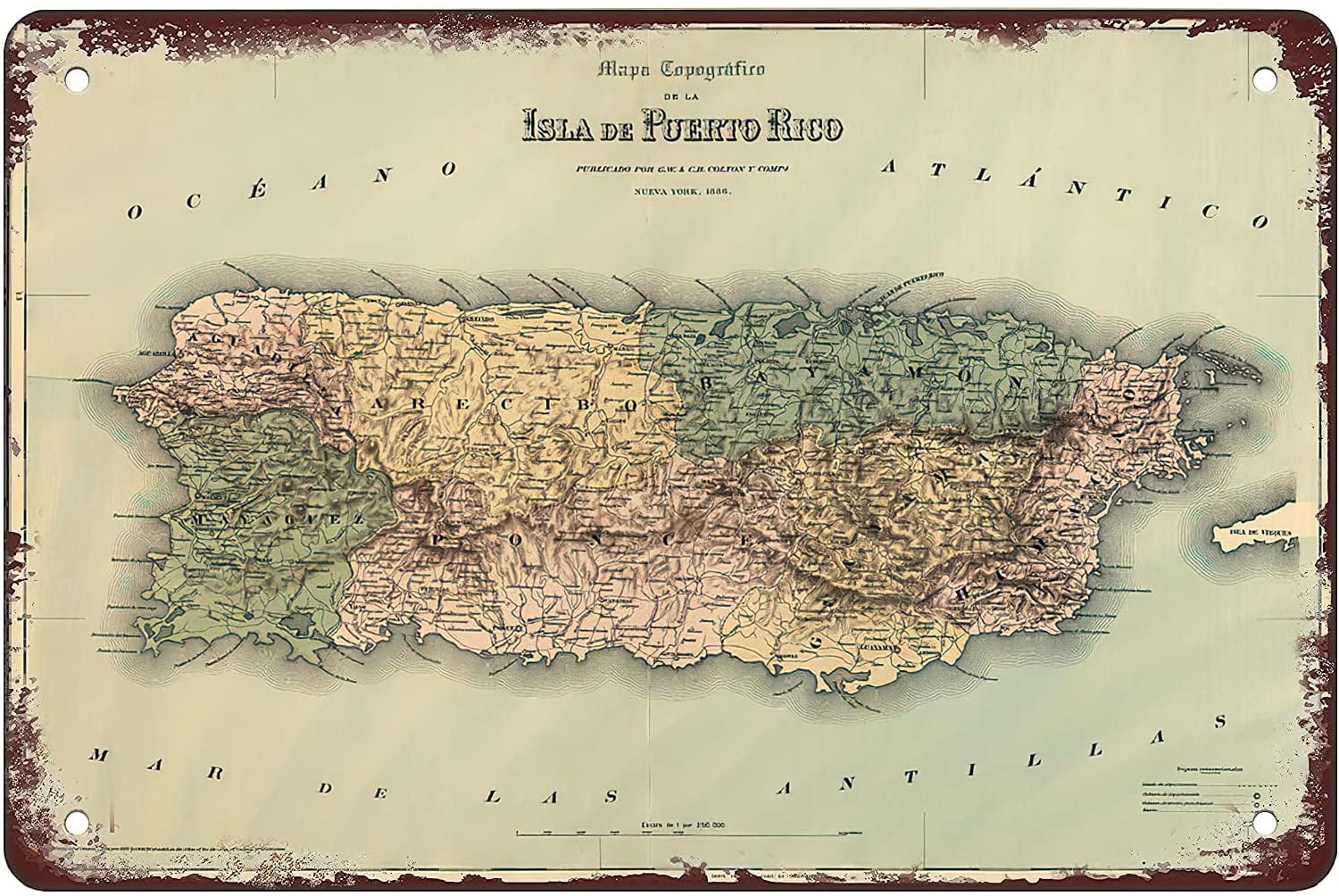 Antique Map Of Puerto Rico 1886 Home Wall Bars Decor Kitchen Wall Decoration 8x12 Inches ...