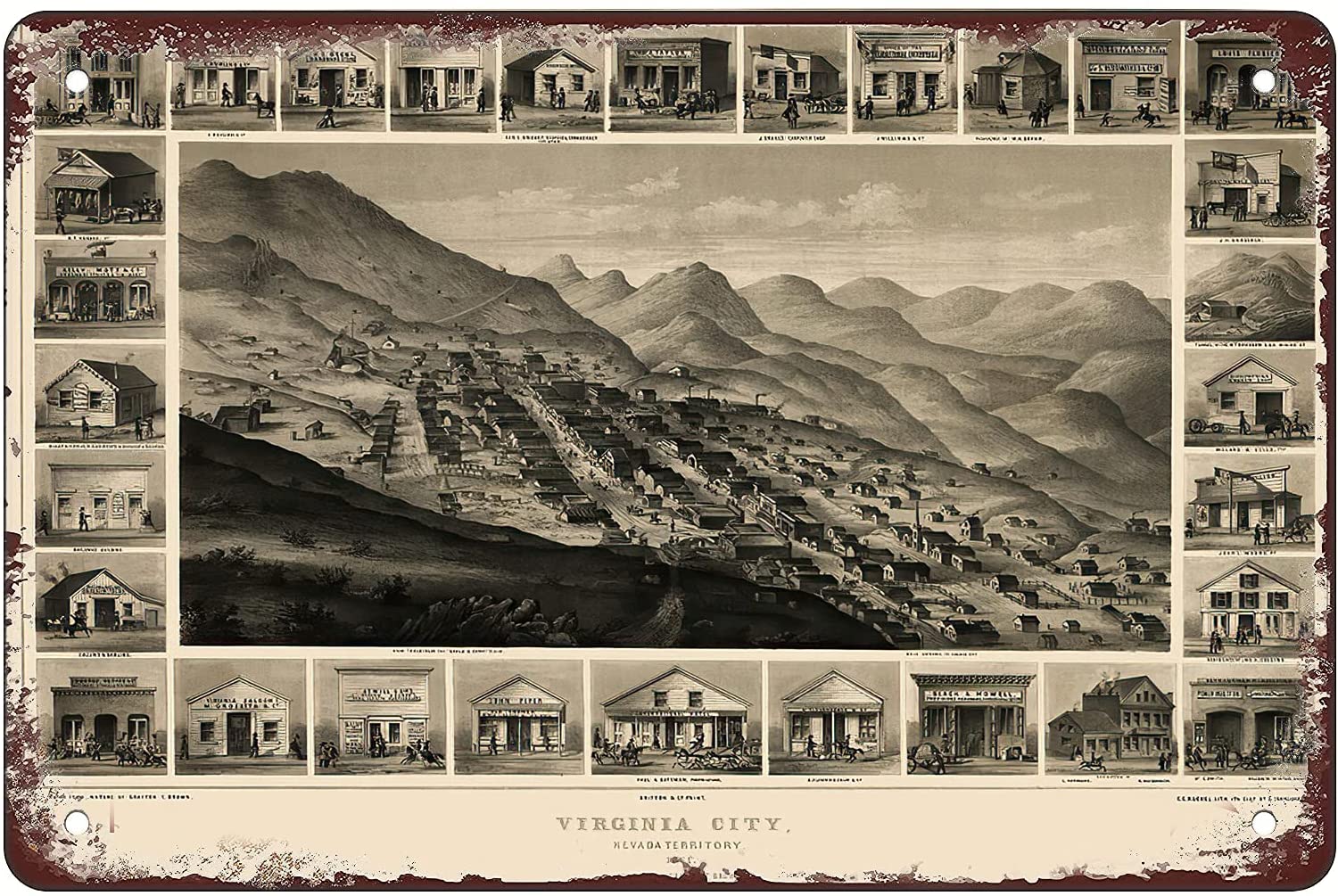 Antique Map Of Virginia City Nevada Home Wall Bars Decor Kitchen Wall ...