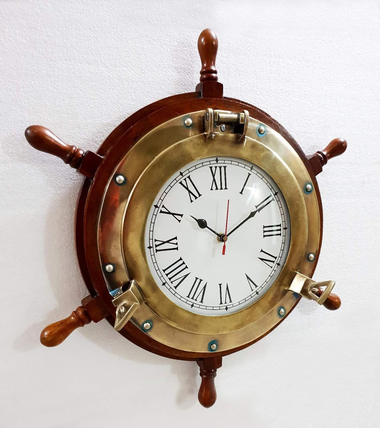 Antique Marine 18" Wooden Ship Wheel Porthole Vintage Clock Nautical ...