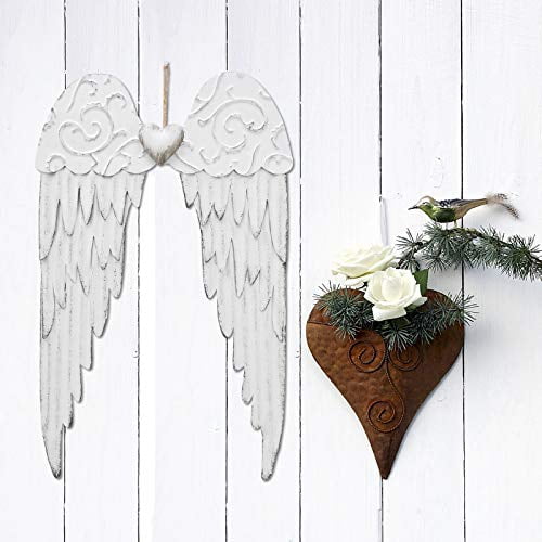 Antique Metal Angel Wings Wall Decor with Heart - Indoor/Outdoor Wall ...