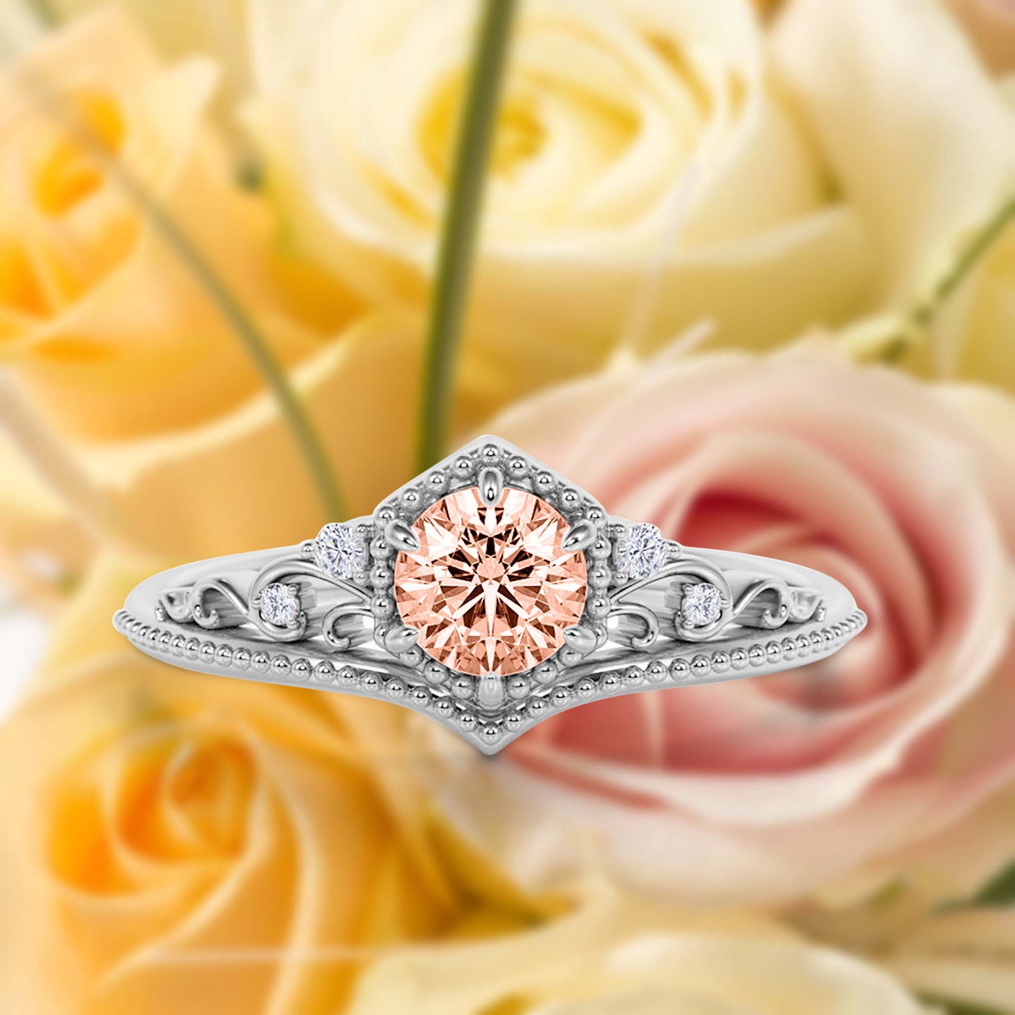 Antique Milgrain Art Deco 1.50 Carat Round Cut Crown Morganite And ...