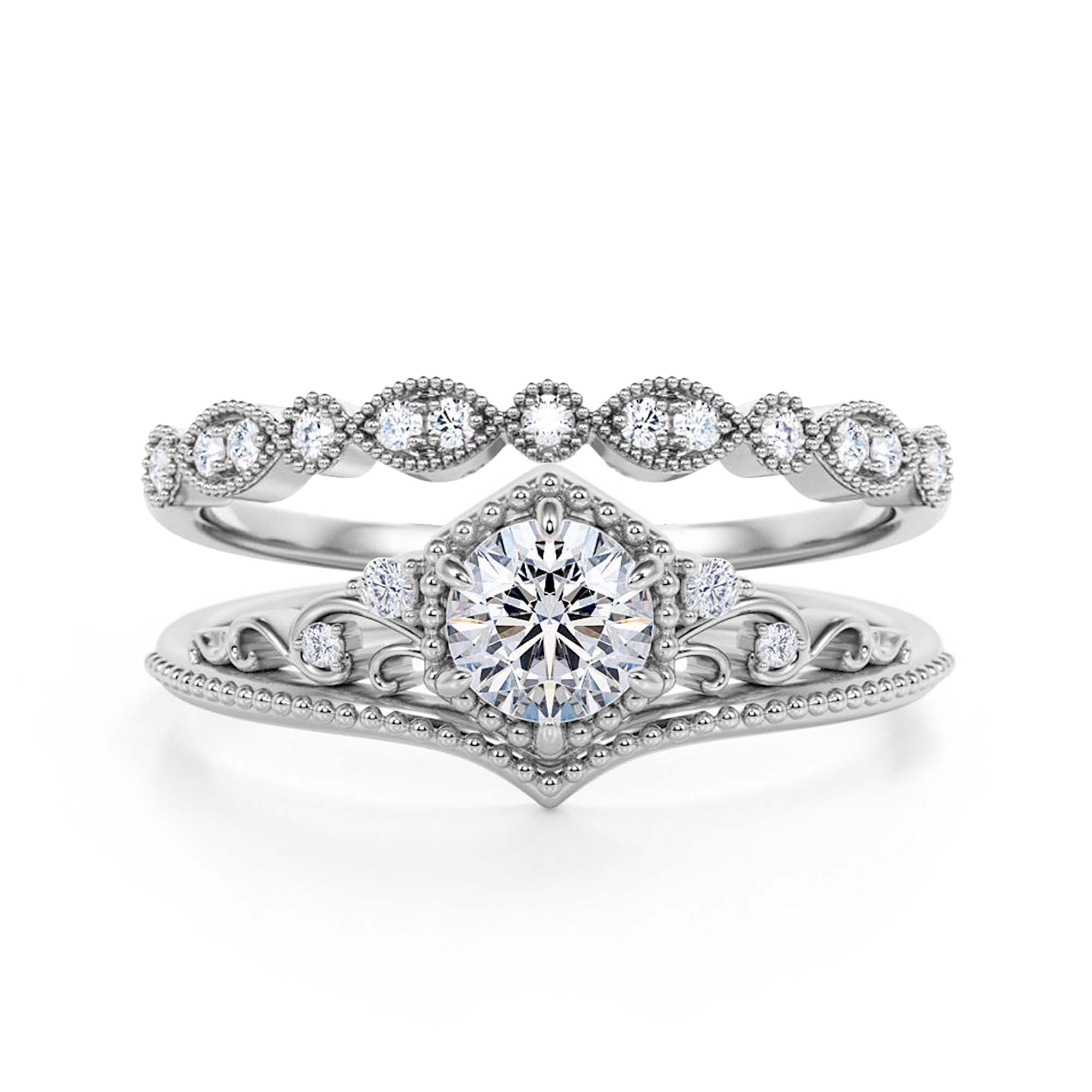 Antique Milgrain Art Deco 2.00 Carat Round Cut Crown Diamond Moissanite Engagement Ring ...