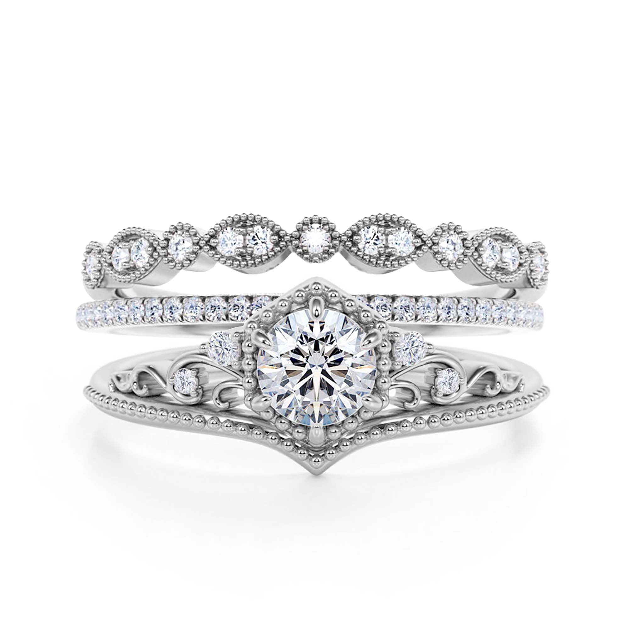 Antique Milgrain Art Deco 2.50 Carat Round Cut Crown Diamond Moissanite ...