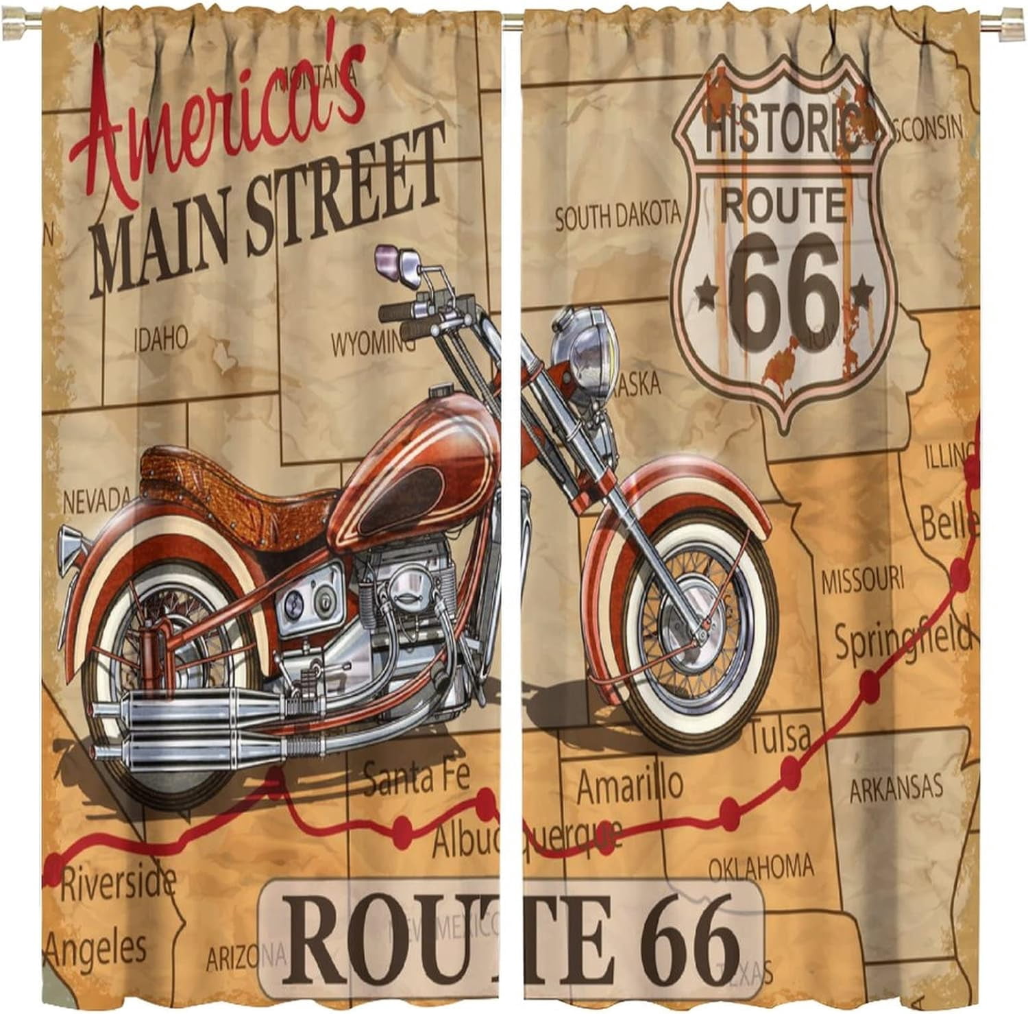 Antique Motorcycle Curtains Window, Old Classic Car Theme USA Map Route ...