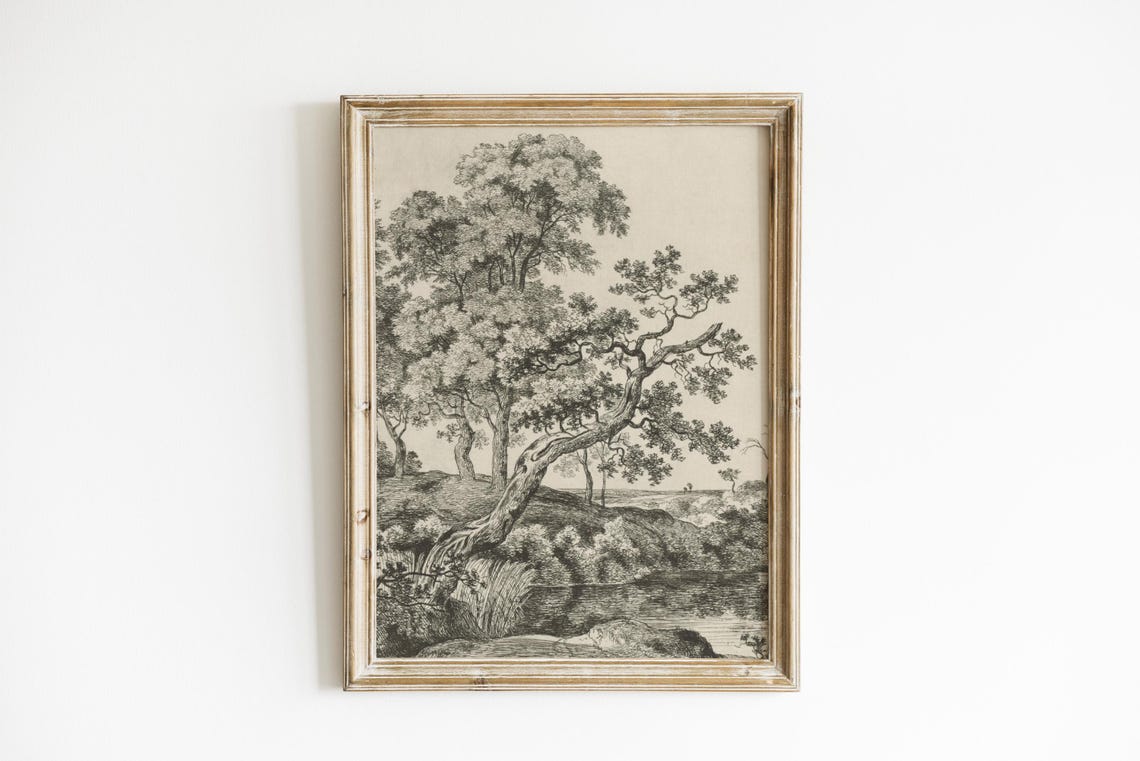 Antique Neutral Forest Sketch Printable Art Trees Lake Drawing Vintage ...
