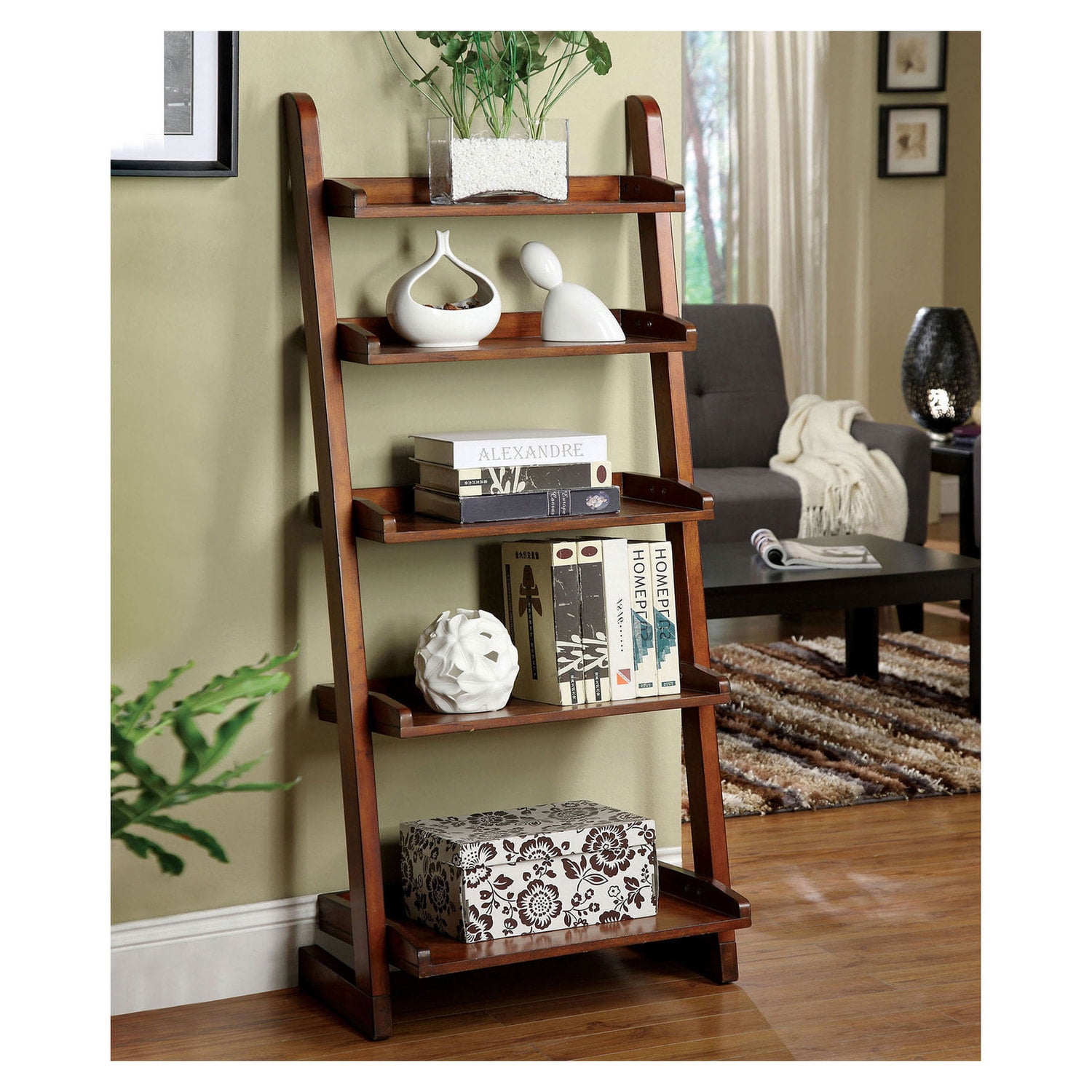 Antique Oak 1pc Ladder Shelf 5-Tier Shelf for Books Modern Style Living ...