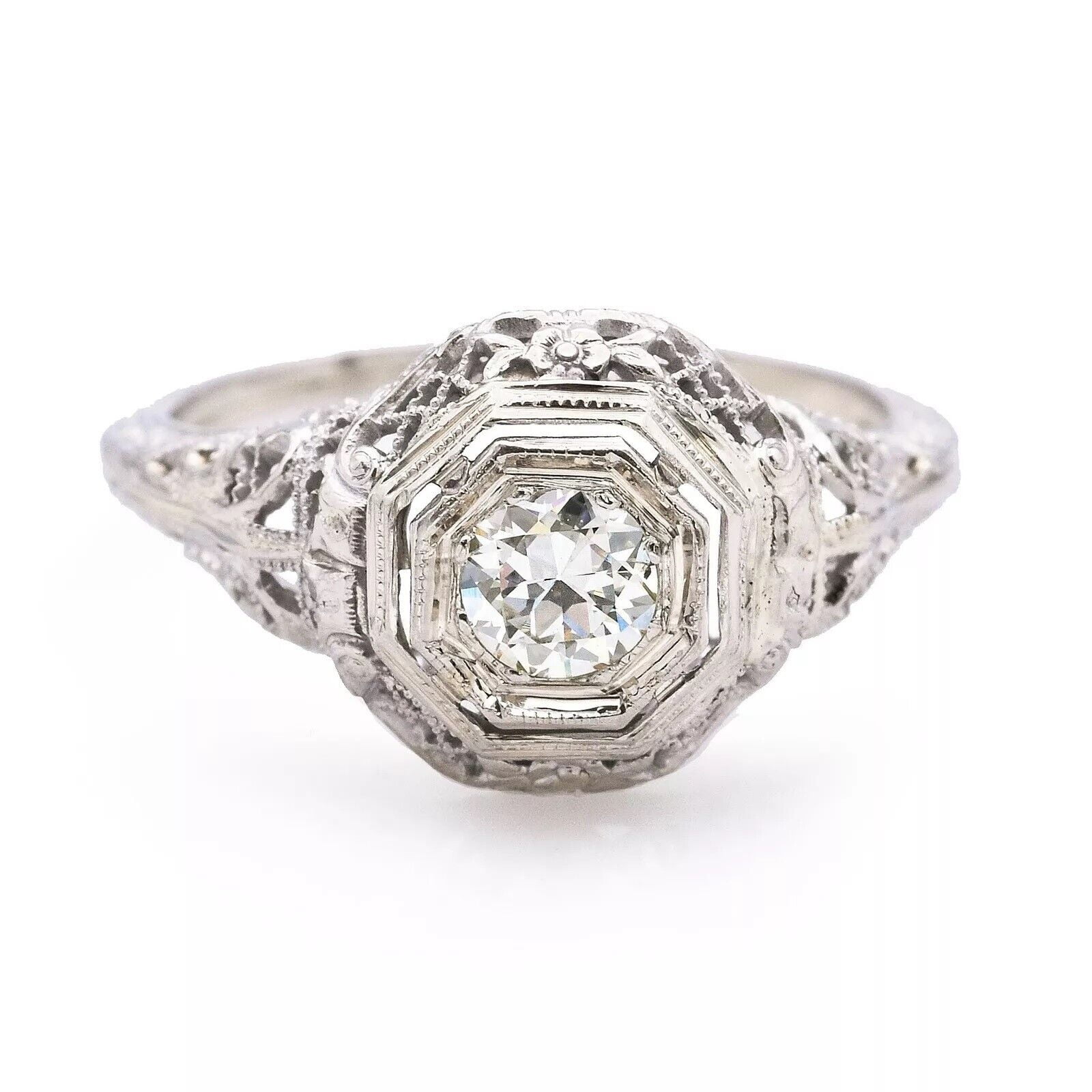 Antique Openwork Filigree Hexagon Engagement Ring 1.7 Ct Diamond 14K ...