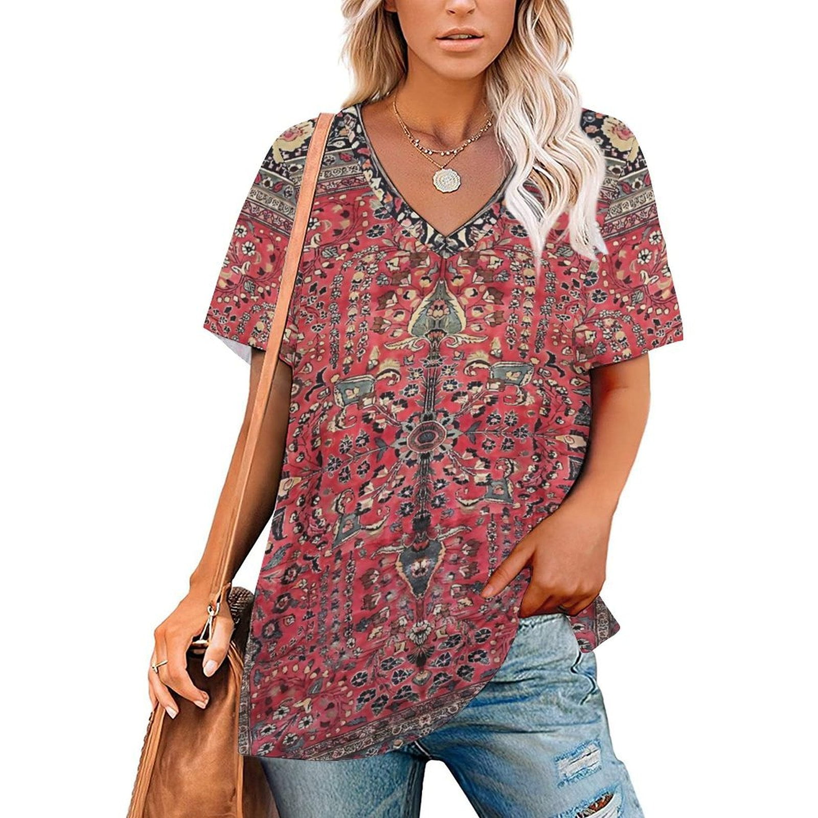 Antique Persian Red Rug V Neck Korean Fashion Oversize T-Shirt Short ...