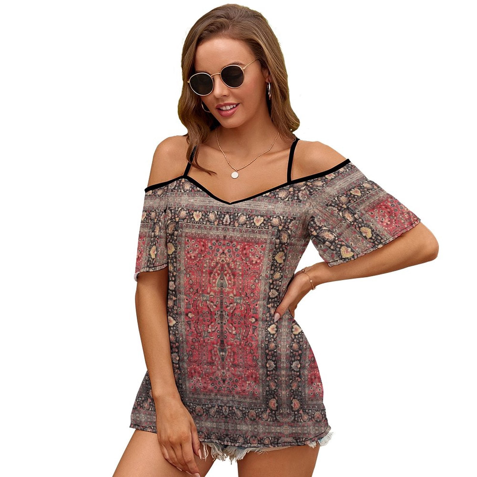 Antique Persian Red Rug Women'S T-Shirt New Fashion Printed Zipper V ...