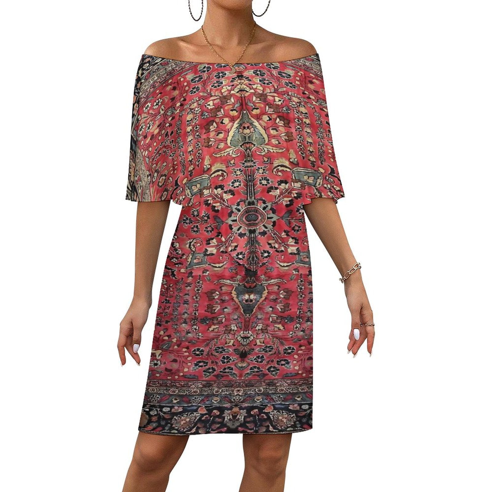 Antique Persian Red Rug Women's Off The Shoulder Ruffles Summer Wedding ...