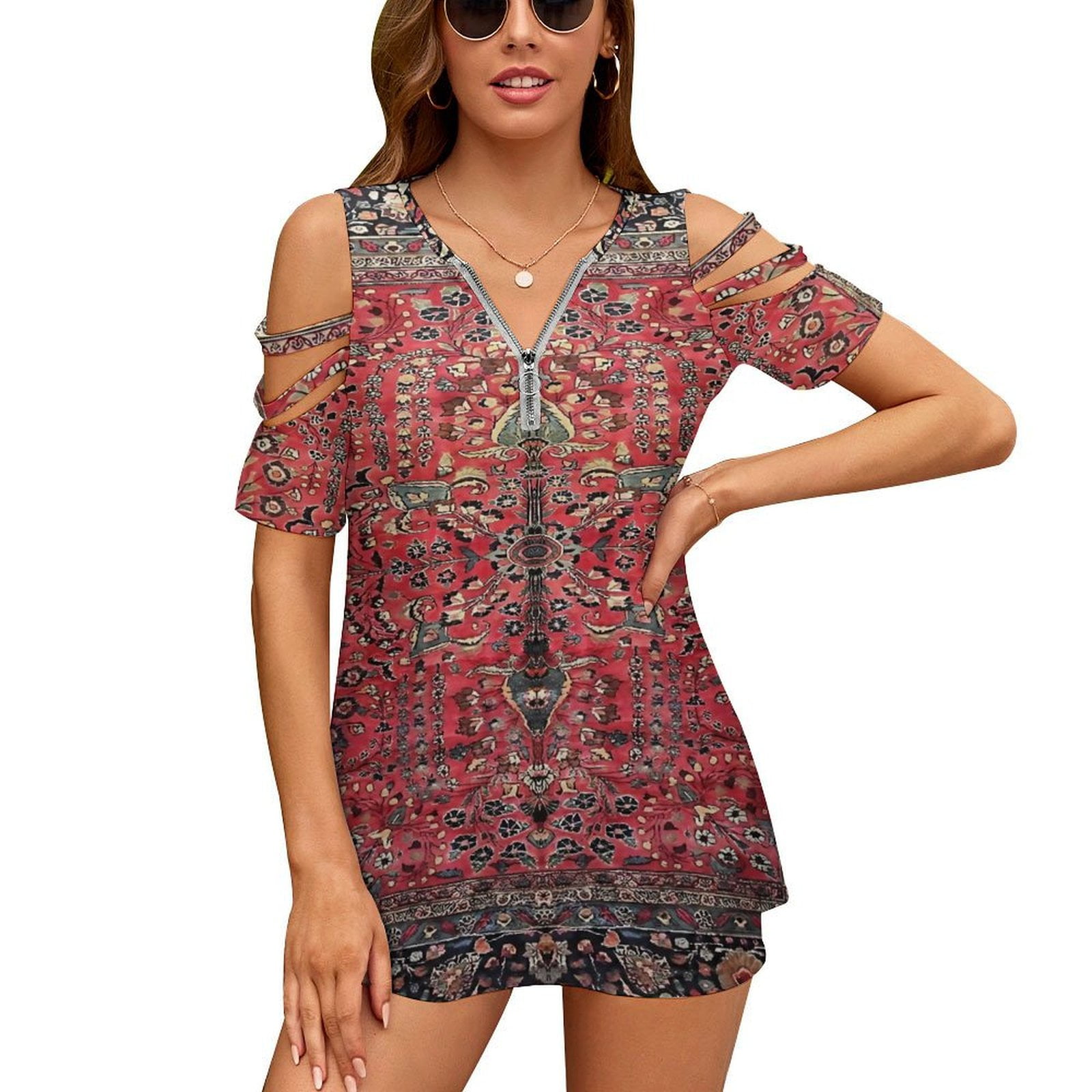 Antique Persian Red Rug Womens Summer V Neck Zipper Top Short Sleeve T ...