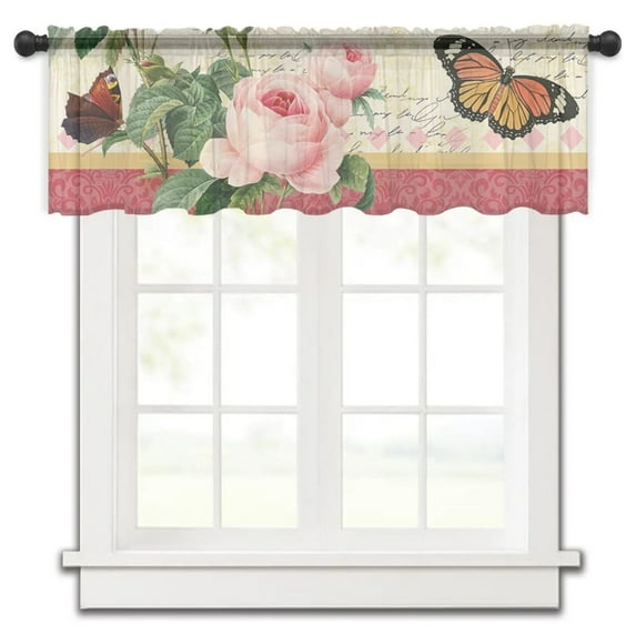 Antique Plant Flower Pink Rose Butterfly Short Tulle Curtains Bedroom Voile Sheer Half Window ...
