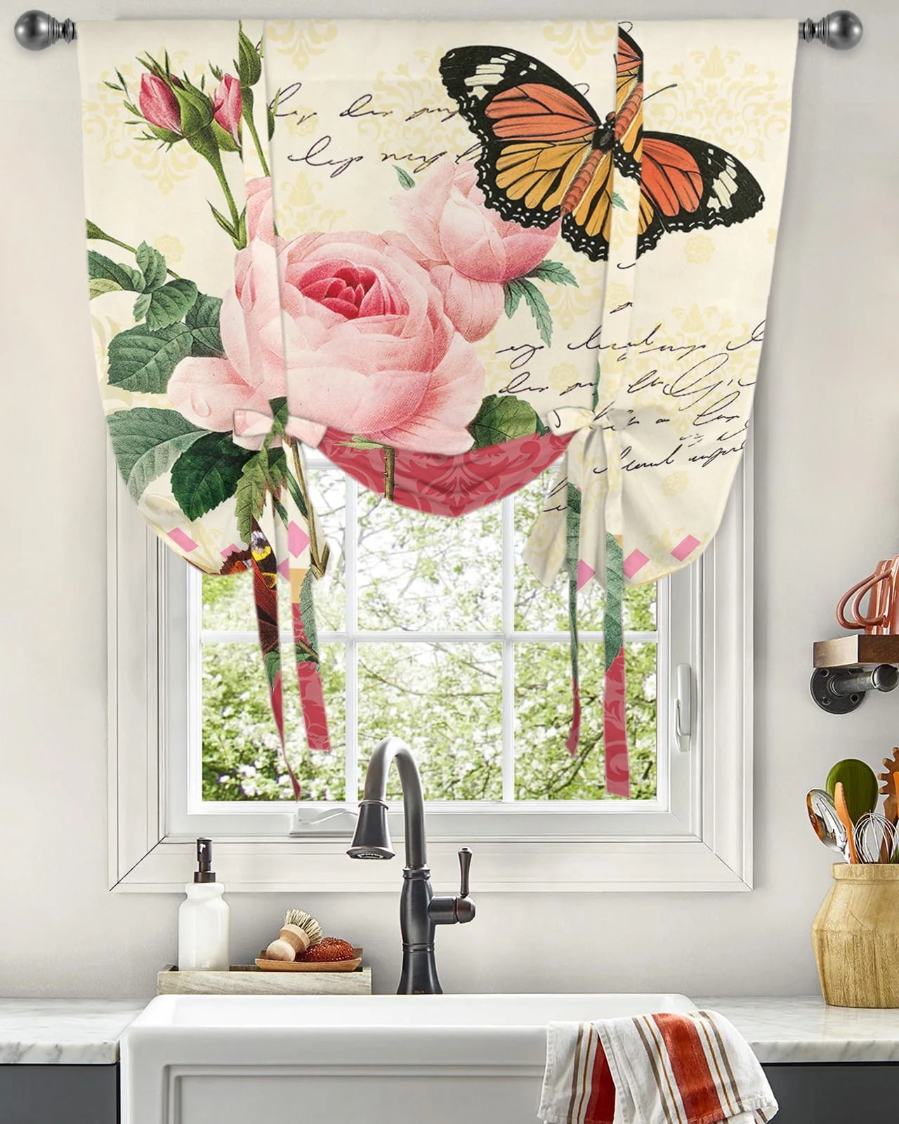 Antique Plant Flower Pink Rose Butterfly Window Curtain for Living Room Kitchen Tie-up Roman ...