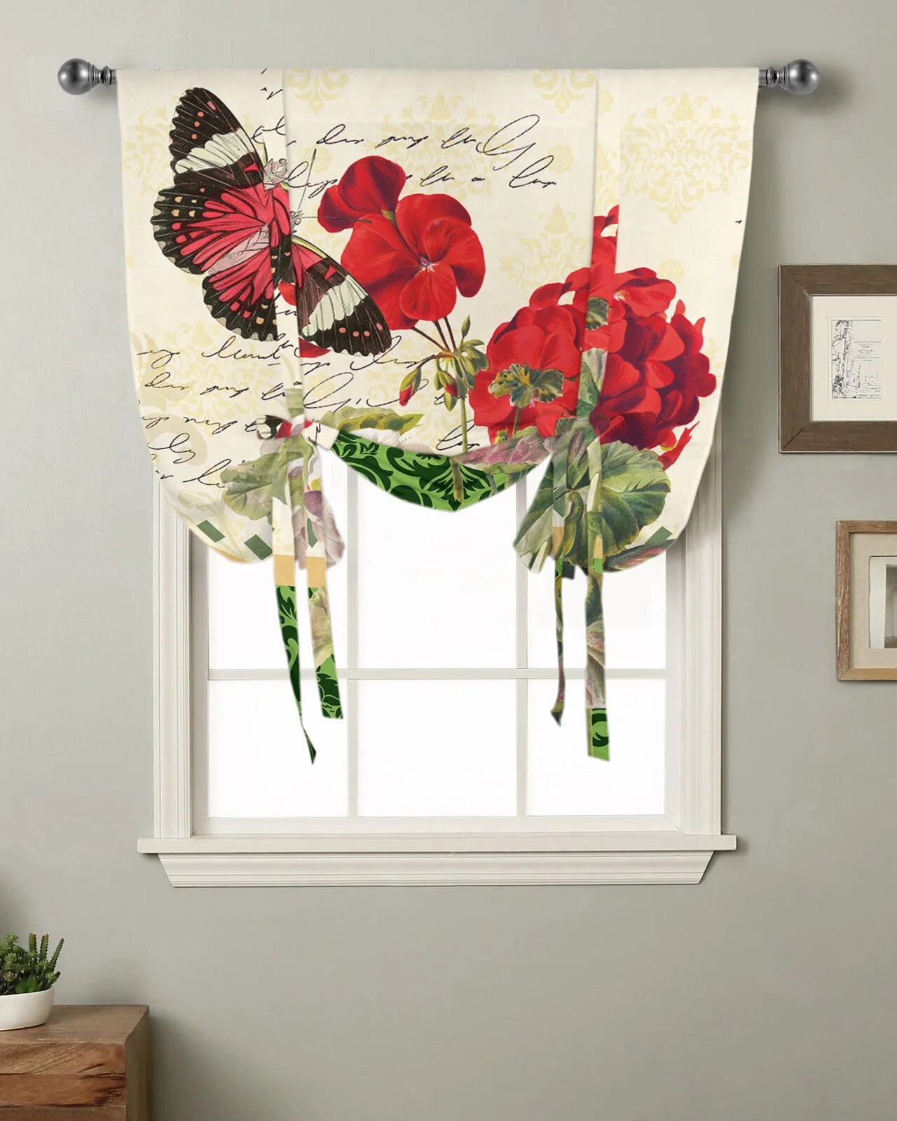 Antique Plant Red Flower Butterfly Kitchen Short Window Curtain Modern ...