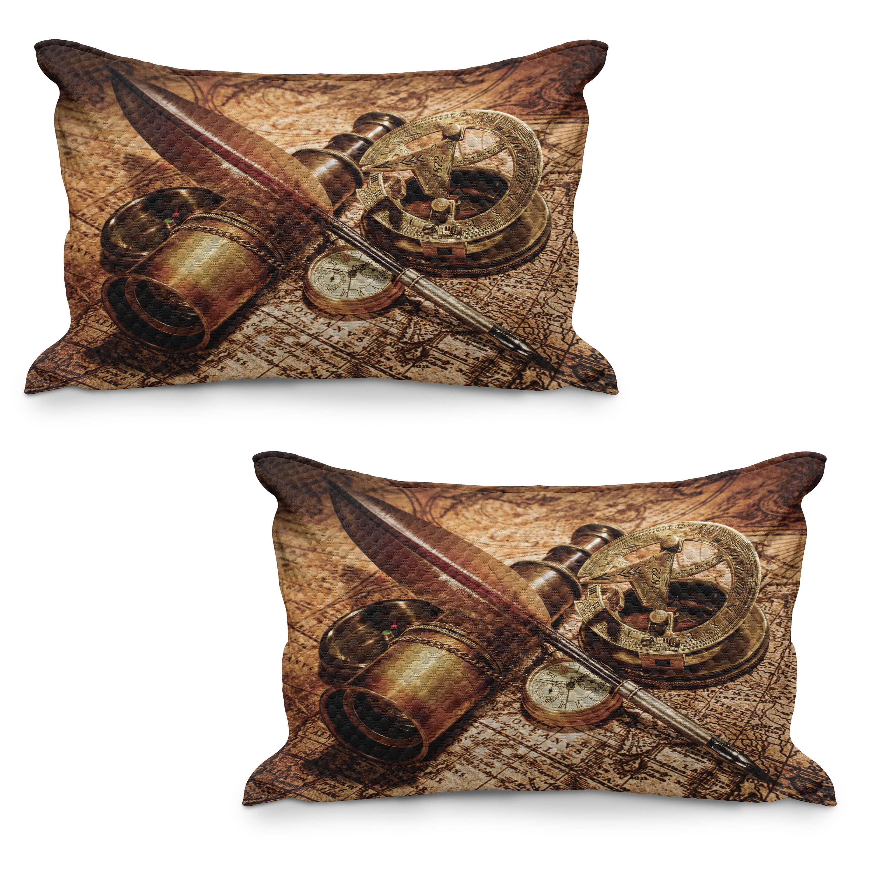 Antique Quilted Pillowcover Set of 2, Compass Goose Quill Pen Spyglass ...