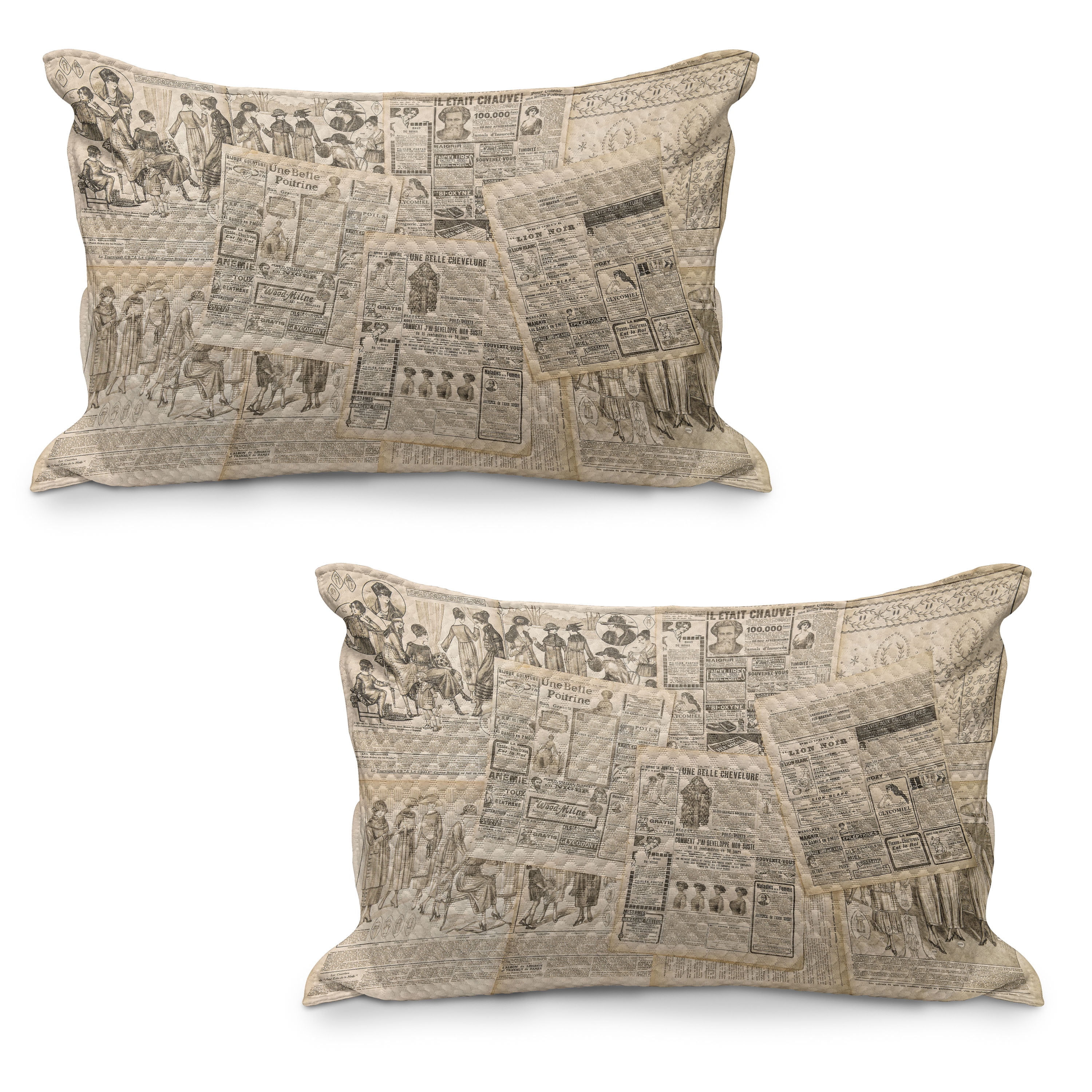 Antique Quilted Pillowcover Set of 2, Newspaper Pages with Advertising ...