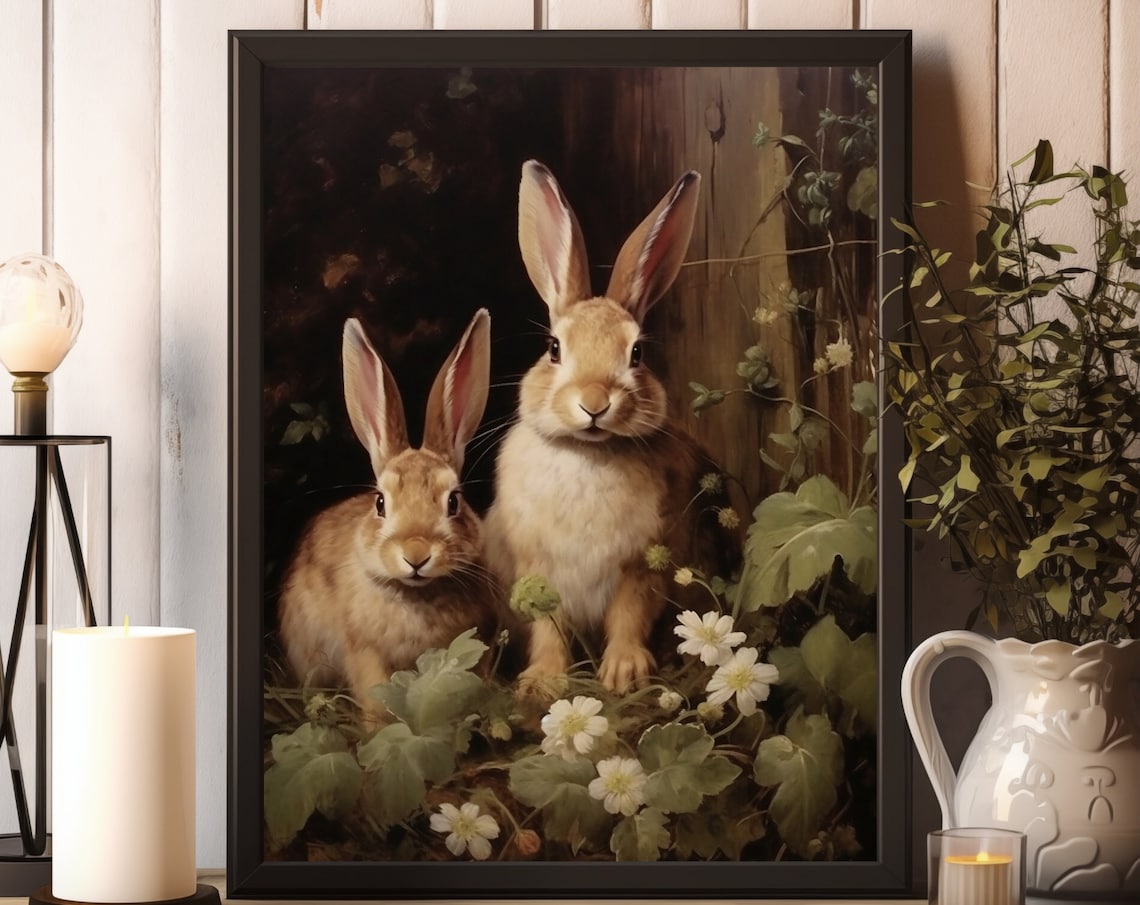 Antique Rabbit Painting, Couple Bunny Wall Art, Dark Academiavintage ...