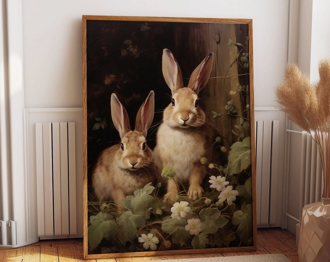 Antique Rabbit Painting, Couple Bunny Wall Art Poster, Dark Academia ...