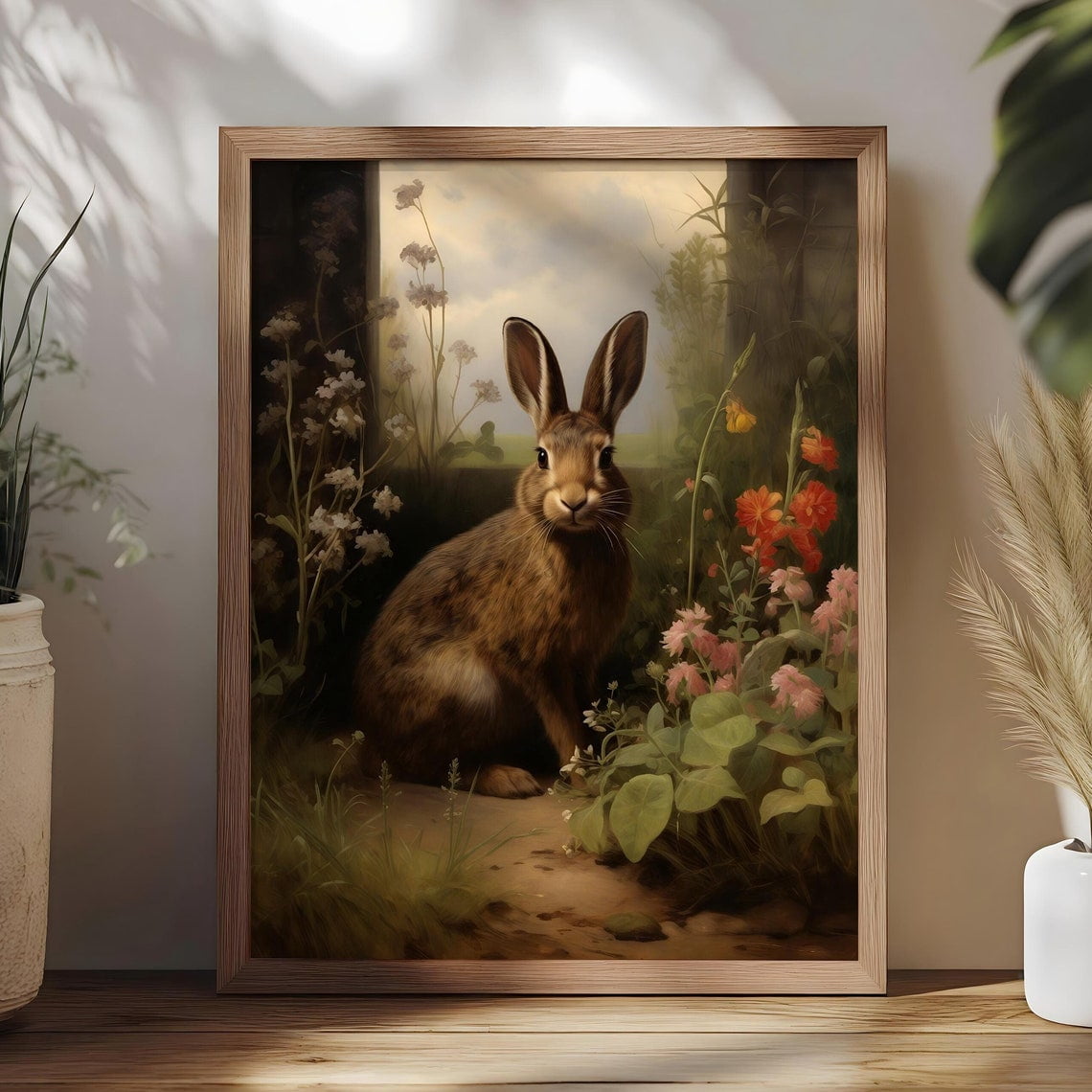 Antique Rabbit Painting, Vintage Bunny Wall Art, Dark Academia Wall Art ...