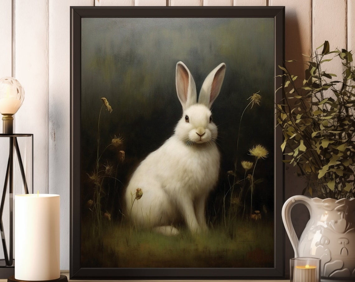 Antique Rabbit Painting, White Bunny Rabbit Wall Art, Dark ...