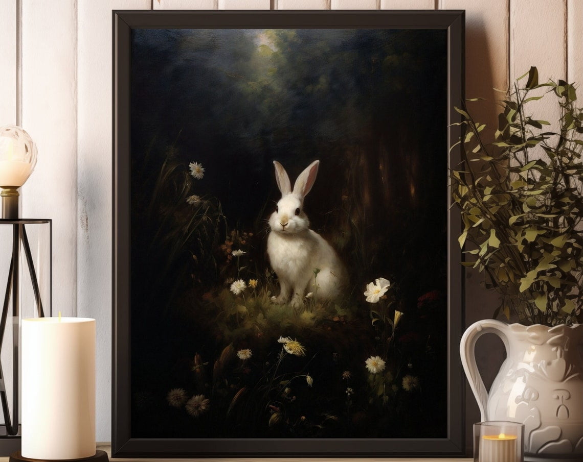 Antique Rabbit Painting, White Bunny Rabbit Wall Art, Dark ...