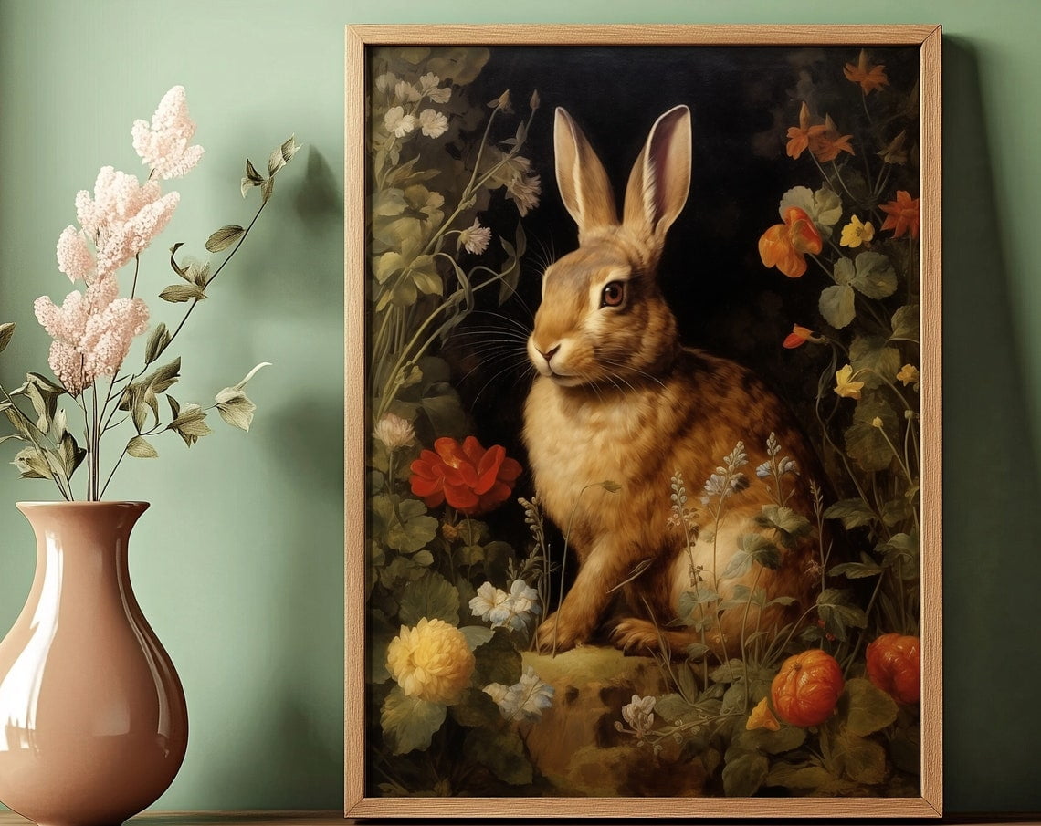 Antique Rabbit Painting, Wild Hare Wall Art Poster, Dark Academia Wall ...