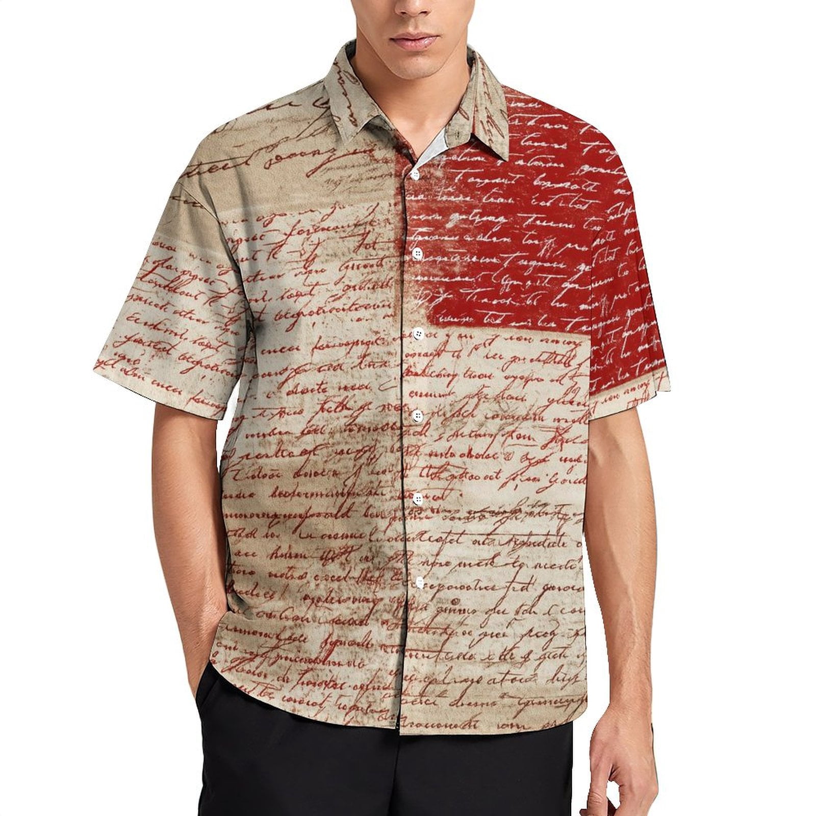 Antique Red Script Aged Paper Men's Shirts Short Sleeve Casual Shirts ...