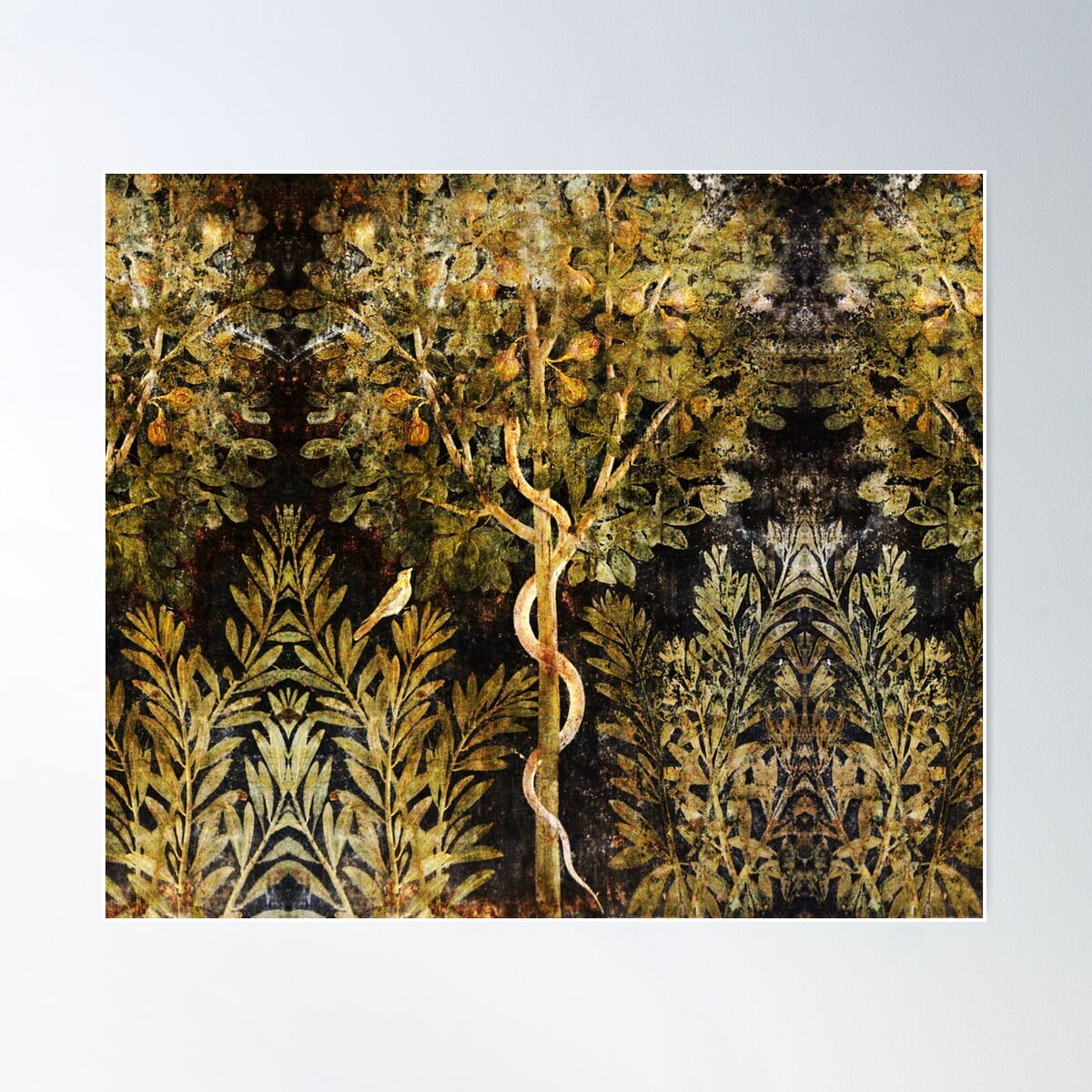 Antique Roman Wall Paintings,Serpent In Fig Tree And Bird ,Black Green ...