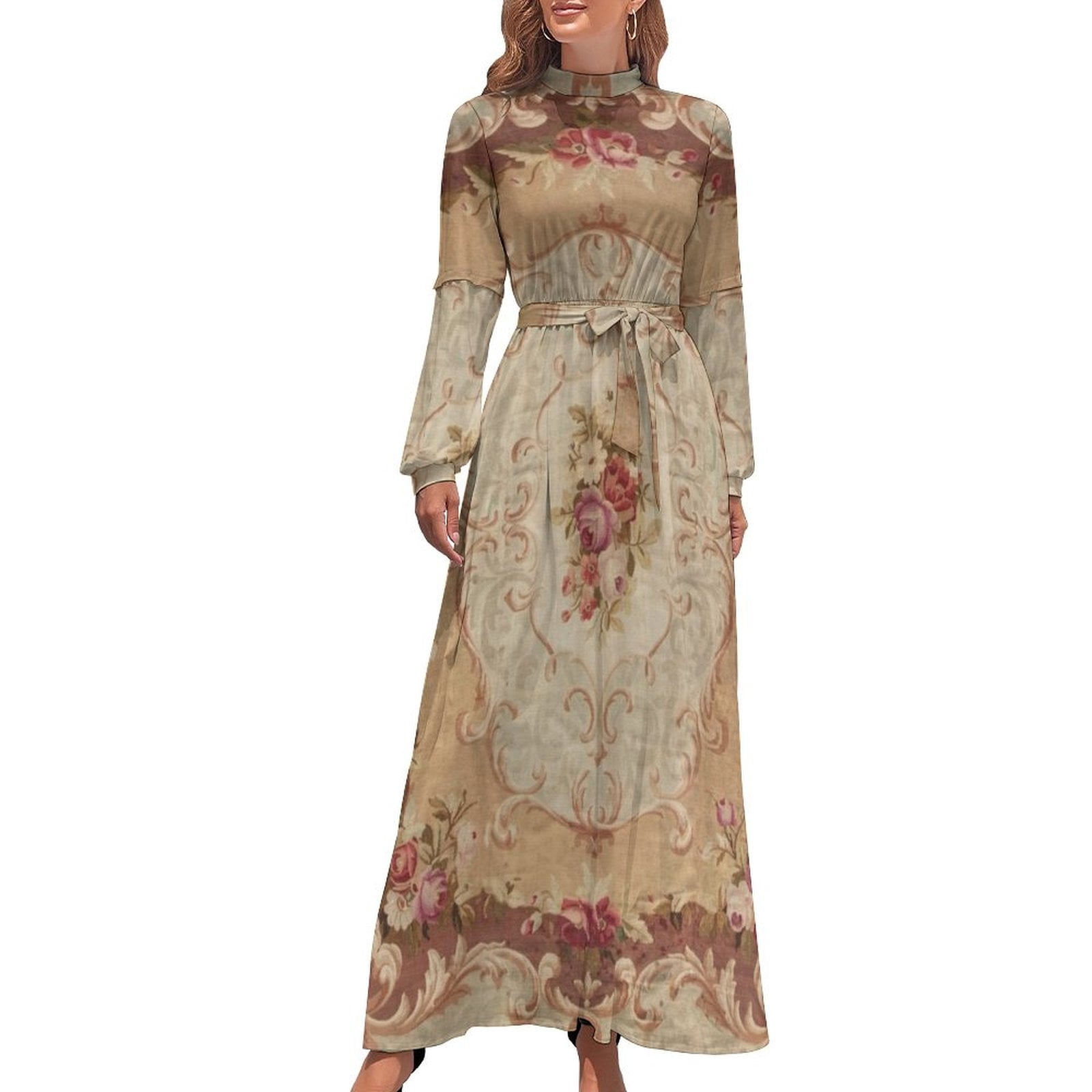 Antique Rose Floral French Aubusson Rug Print Long Dress Prom gown ...