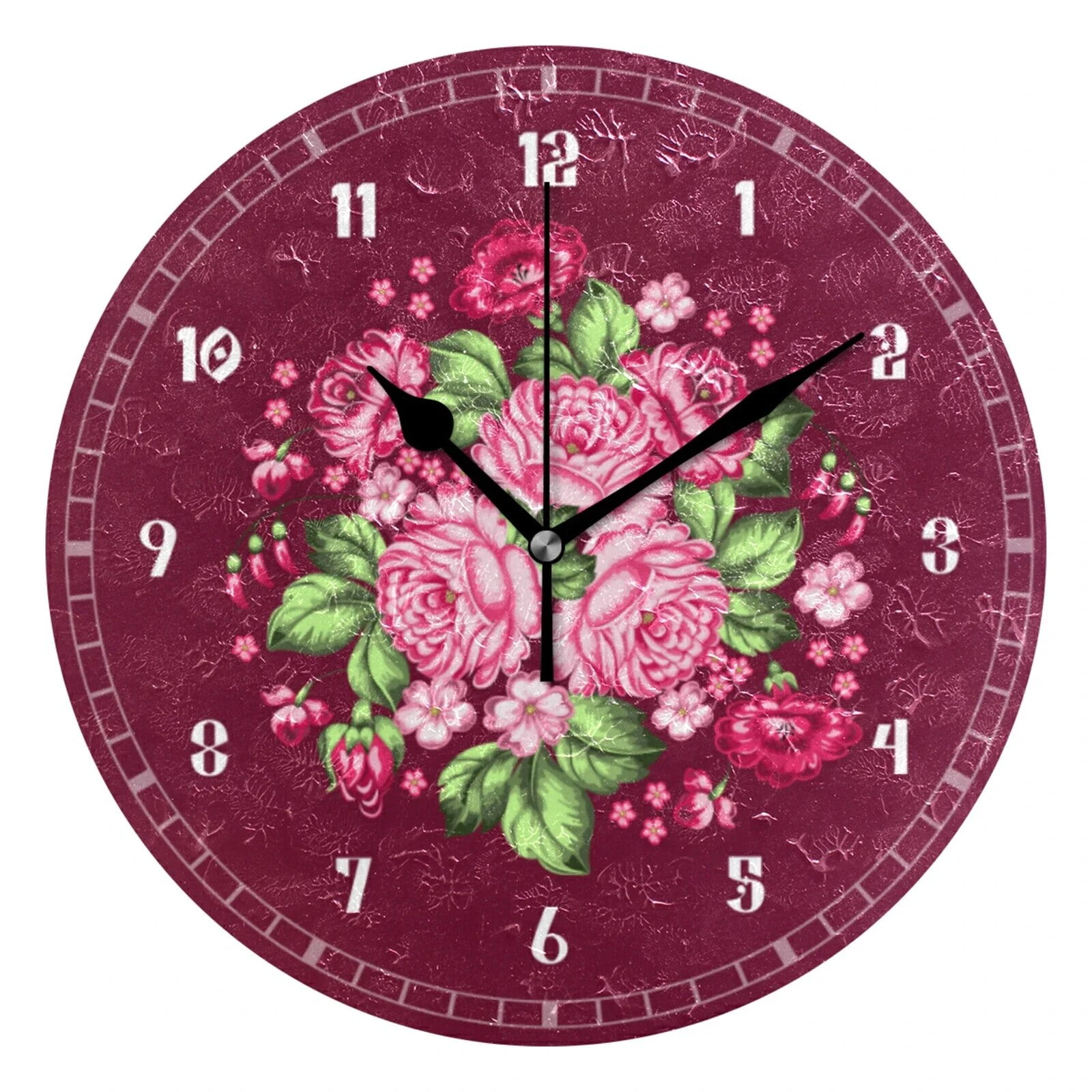 Antique Rose Flowers Printed Silent Round Wall Clock Hanging Wall Watch Quiet Desk Clock For ...